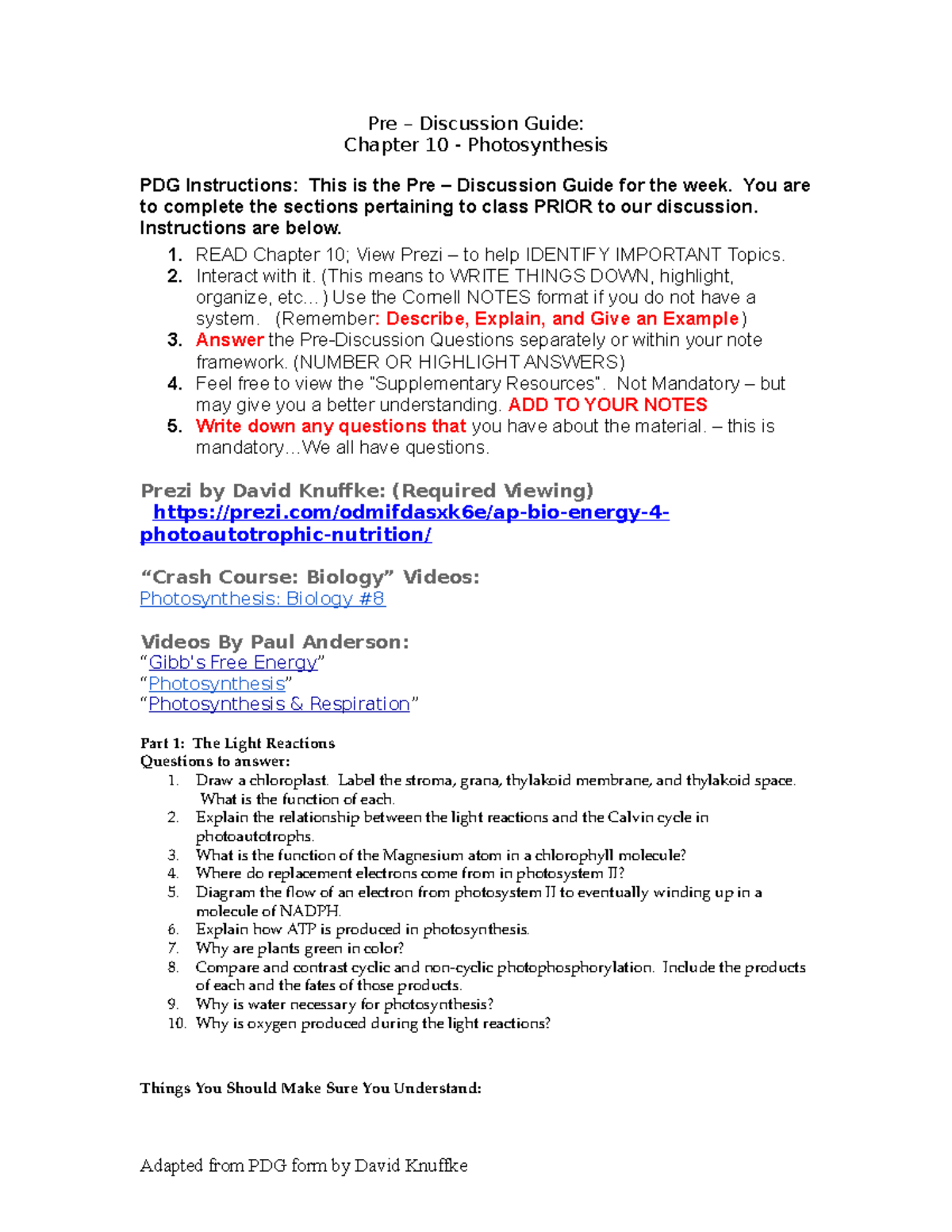 PDG Photosynthesis 15-16 - Pre – Discussion Guide: Chapter 10 ...