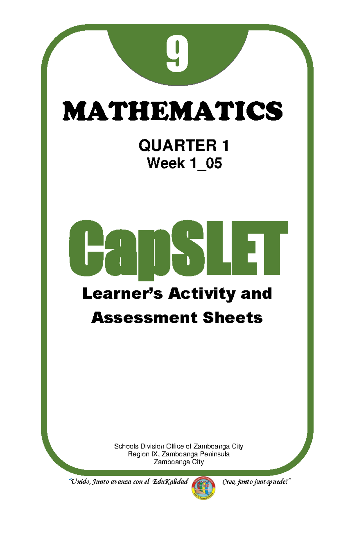 G9 Mathq 1W1 05-AS - math lesson in g9 - 9 CapSLET Learner’s Activity ...
