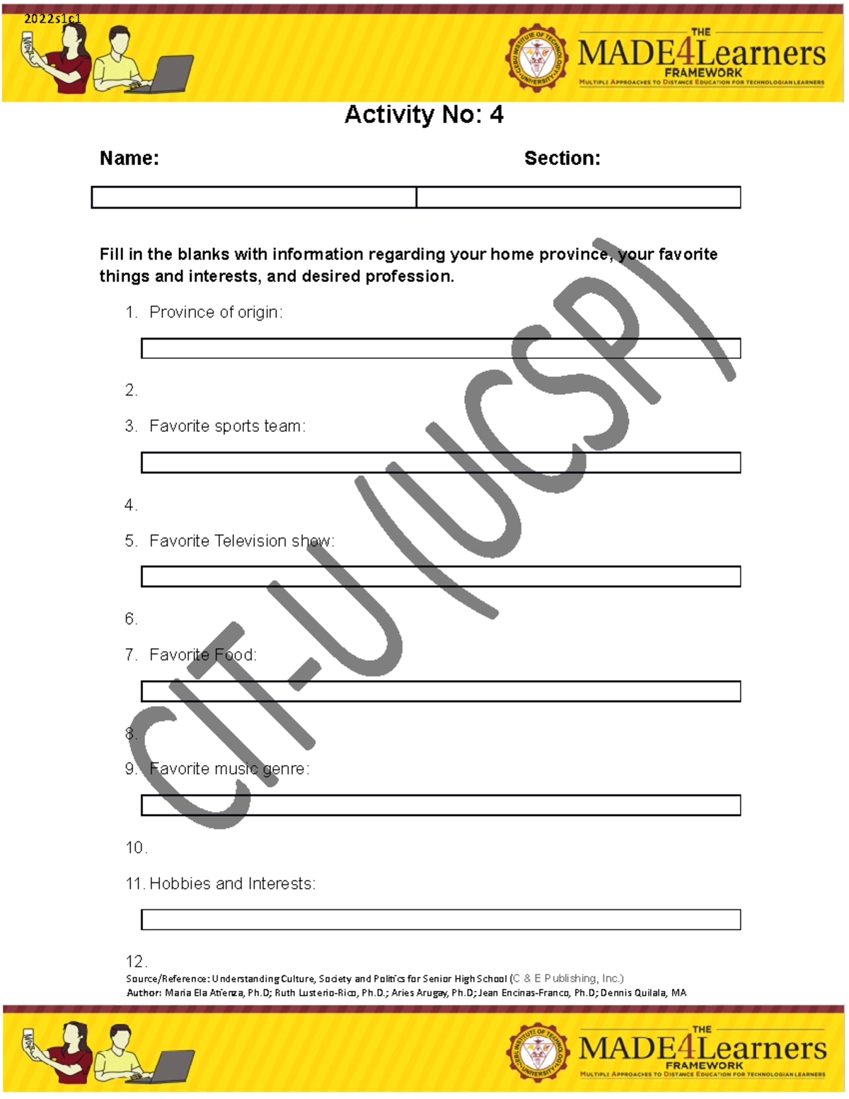 Activity 4 - none - Activity No: 4 Name: Section: Fill in the blanks with information regarding ...