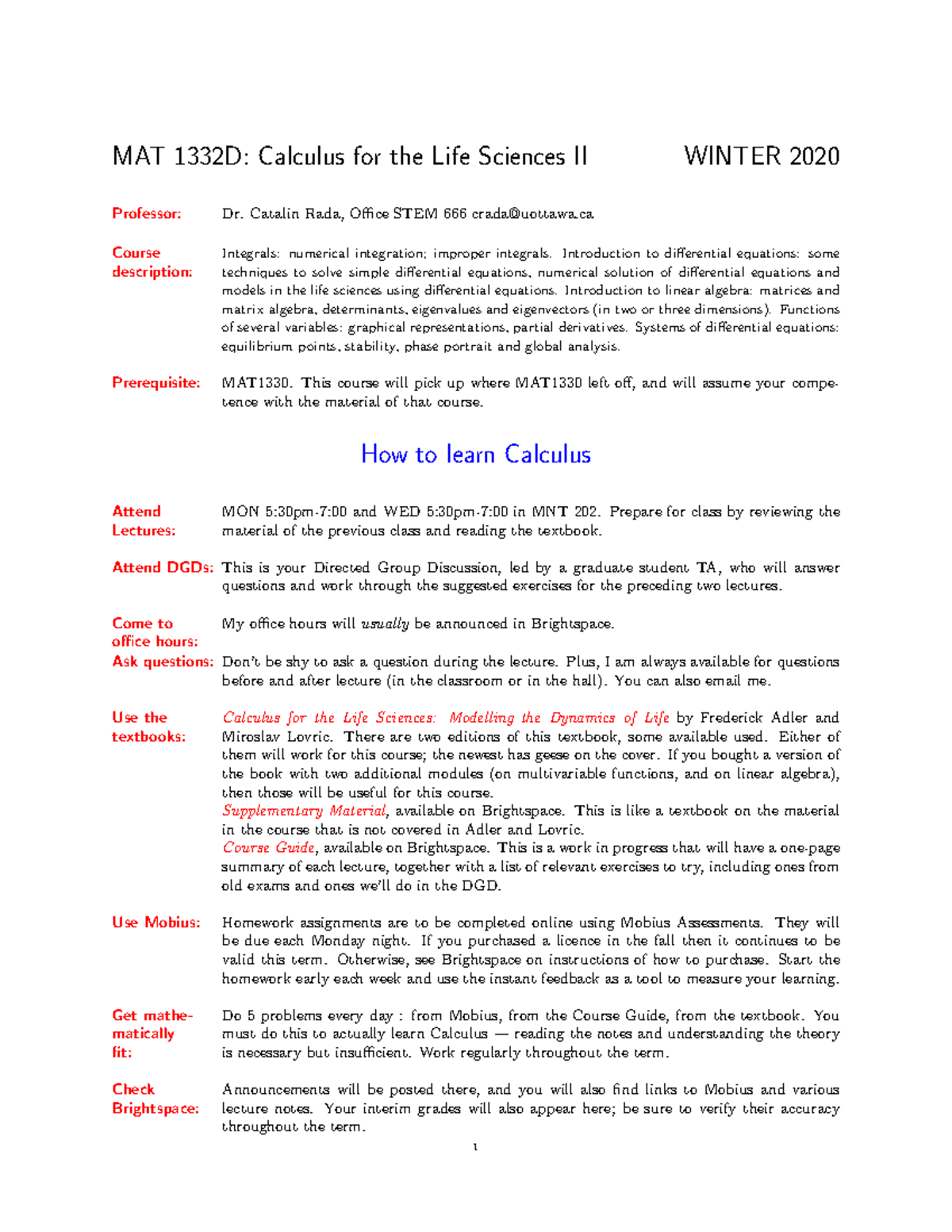 2020 -Syllabus and Outline - MAT 1332D: Calculus for the Life Sciences ...