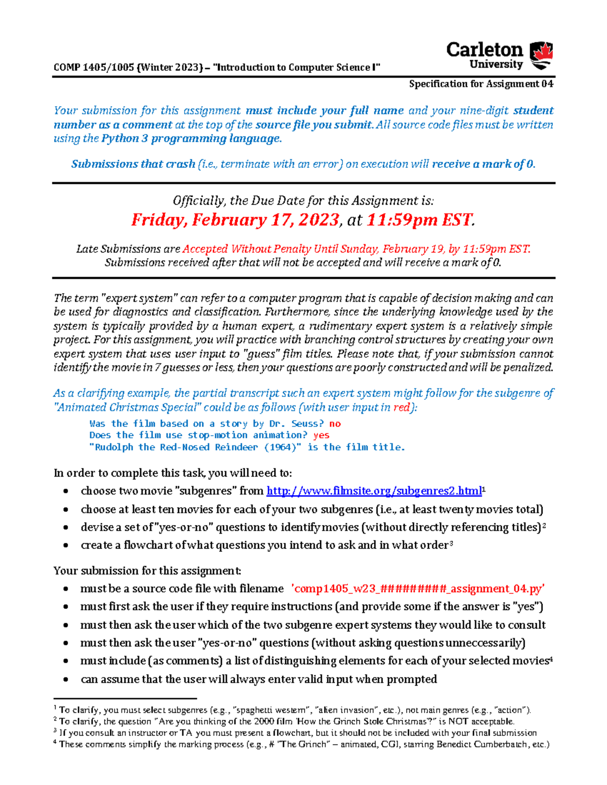 Specification for Assignment 04 - COMP 1405/1005 (Winter 2023) − "Introduction to Computer - Studocu