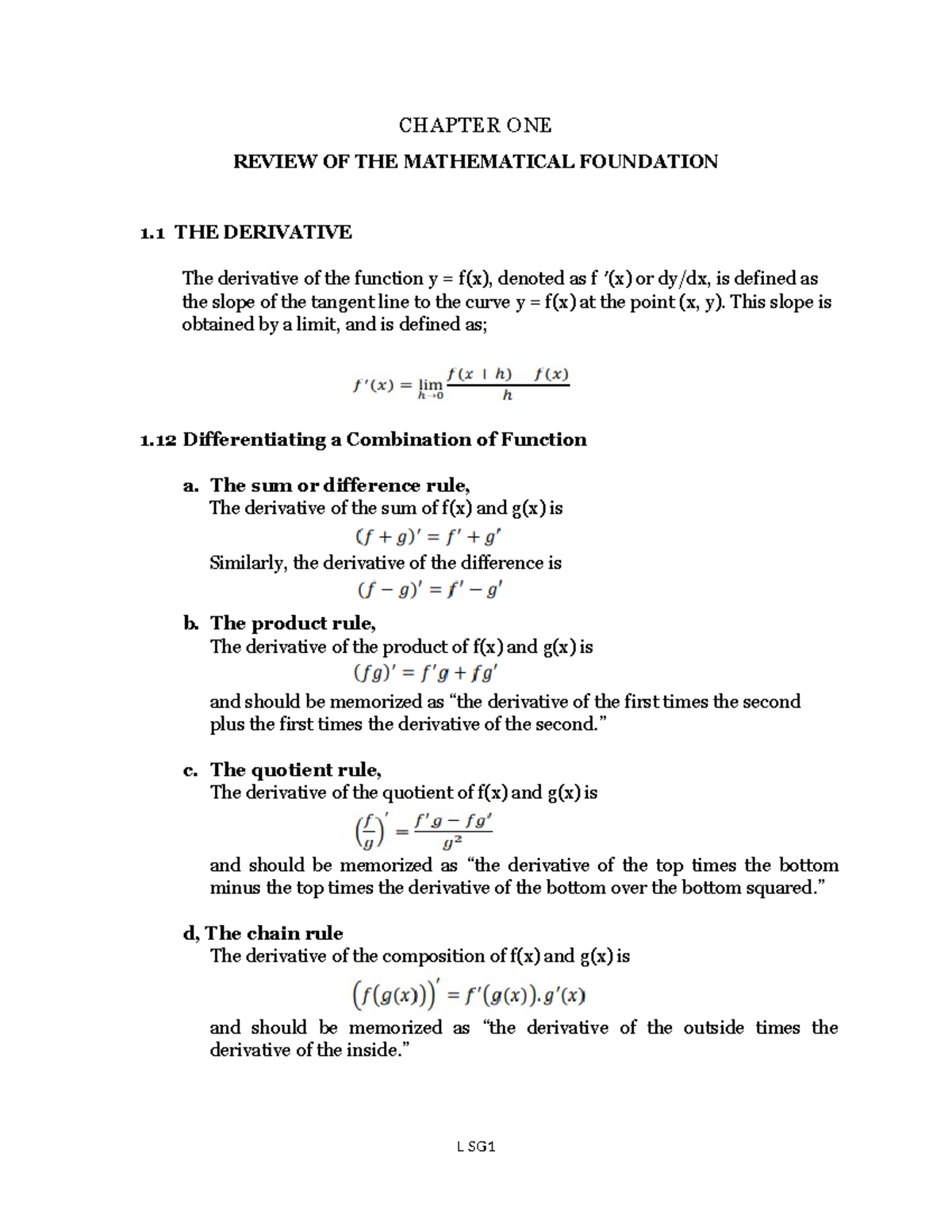 Chapter-1-Numericals - CHAPTER ONE REVIEW OF THE MATHEMATICAL FOUNDATION 1 THE DERIVATIVE The ...