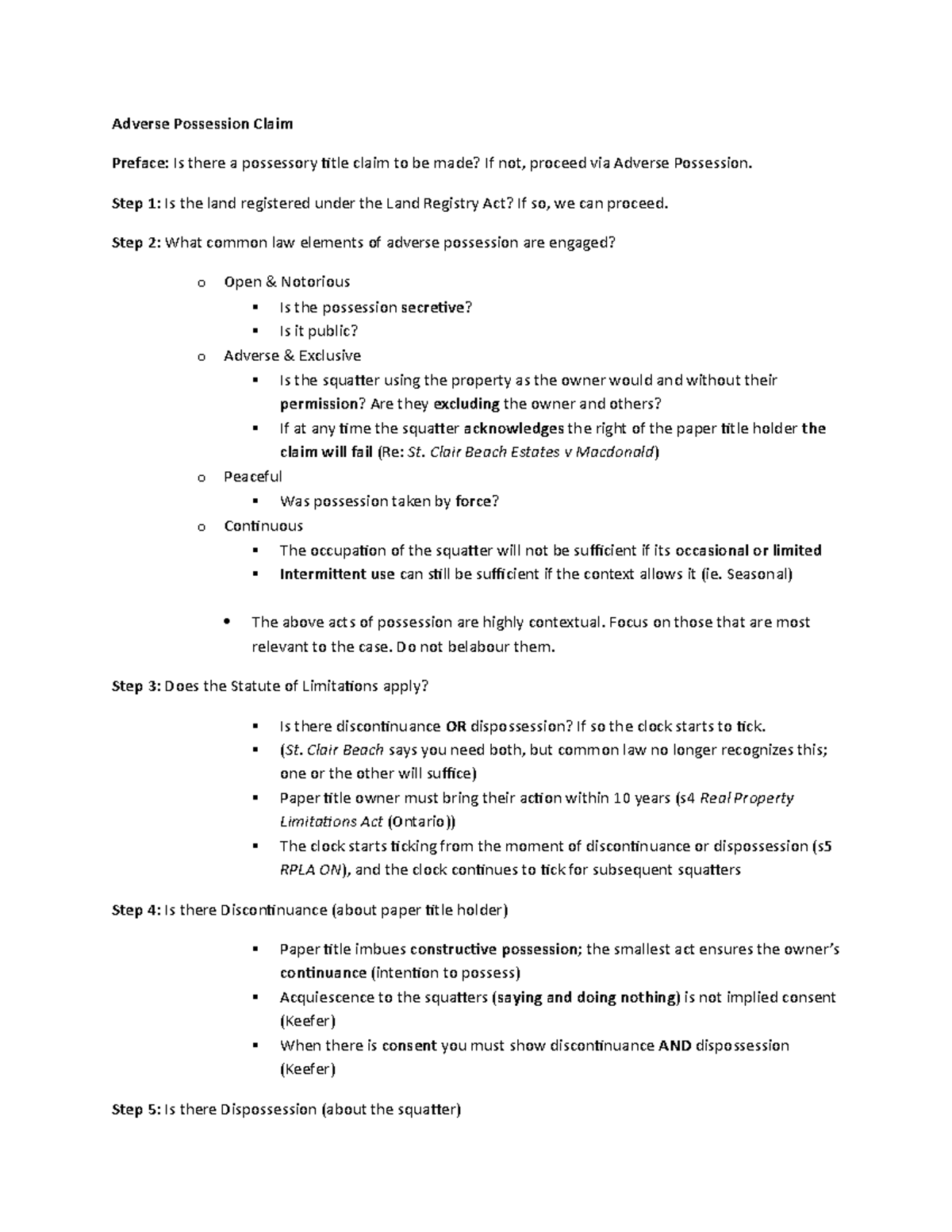 Summary - Adverse Possession Checklist - Adverse Possession Claim ...