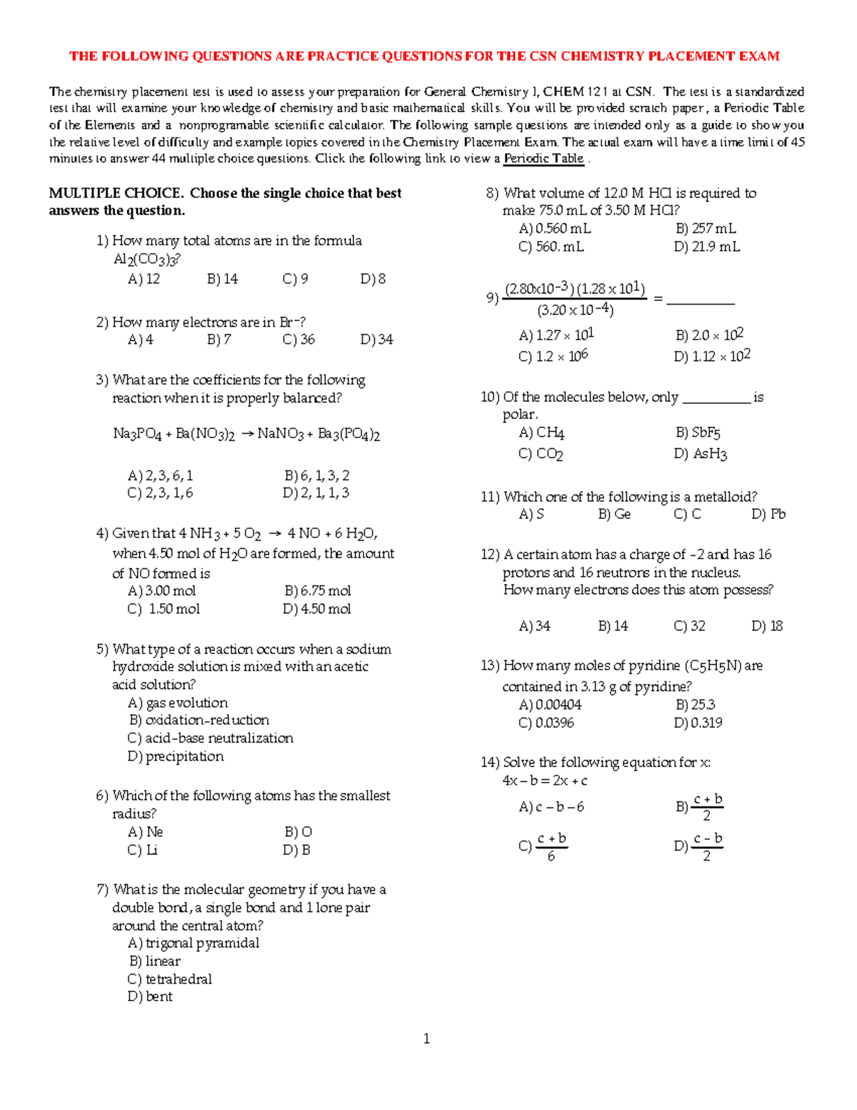 Chemplacementtestpractice - THE FOLLOWING QUESTIONS ARE PRACTICE ...