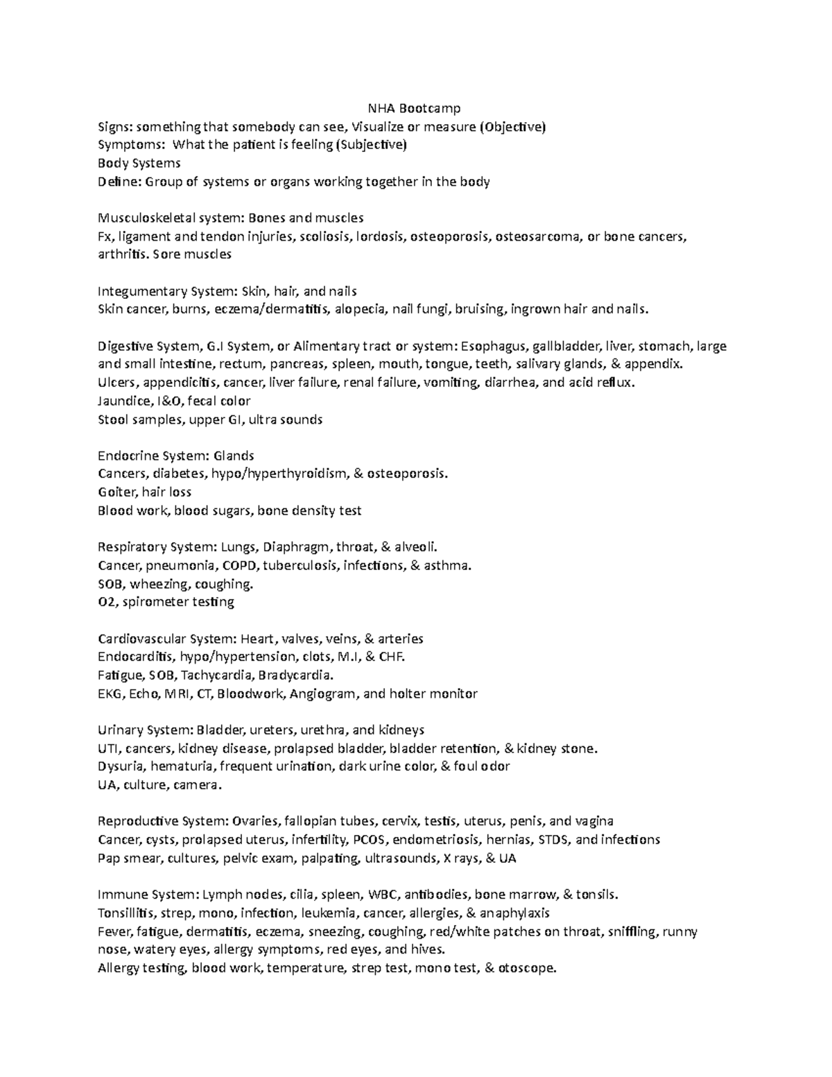 Body Systems - Body system summaries for NHA - NHA Bootcamp Signs ...