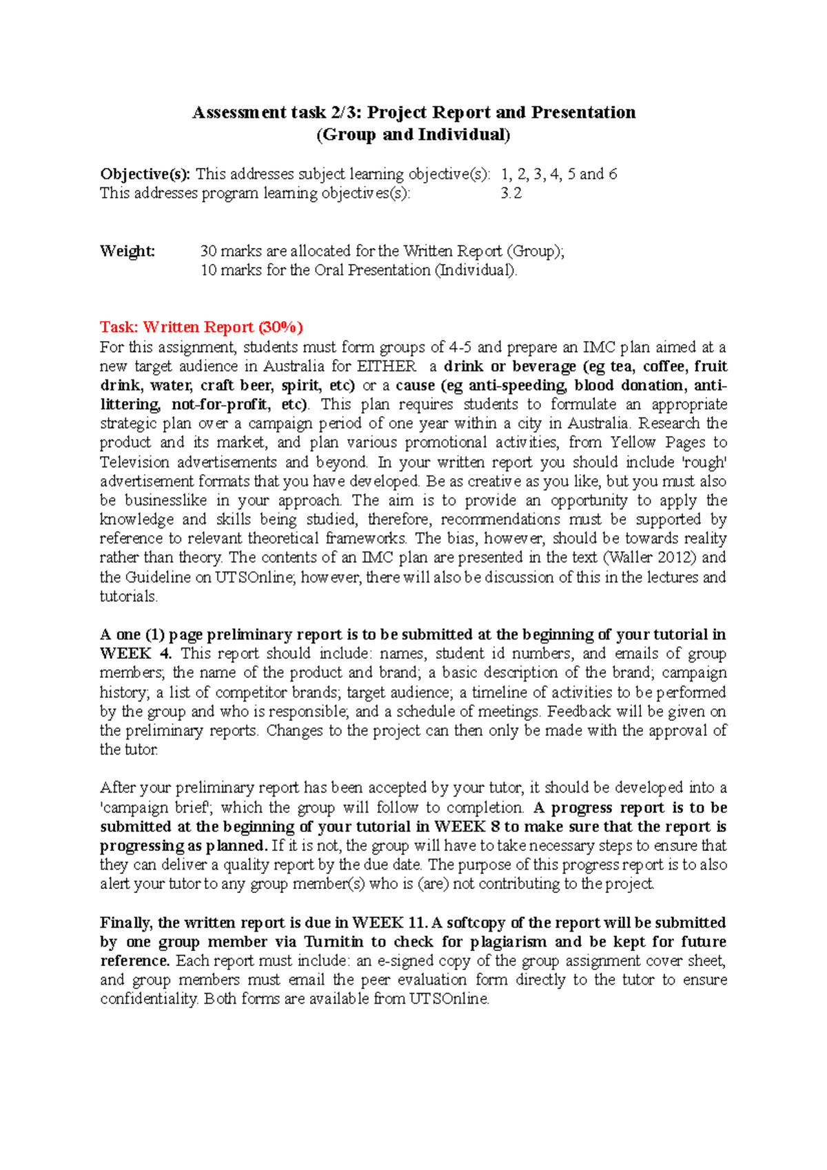 Assessment task 2-3 brief - Assessment task 2/3: Project Report and ...