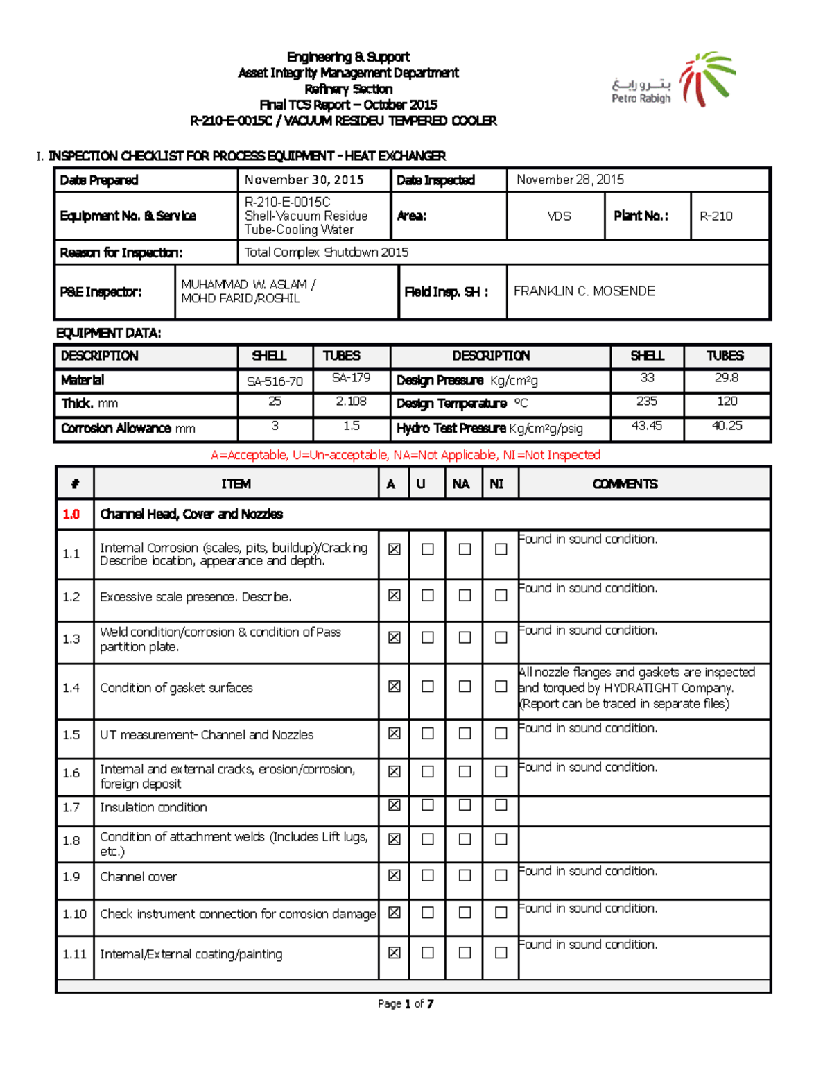 R210-E-0015C NF - inspection report - Asset Integrity Management ...