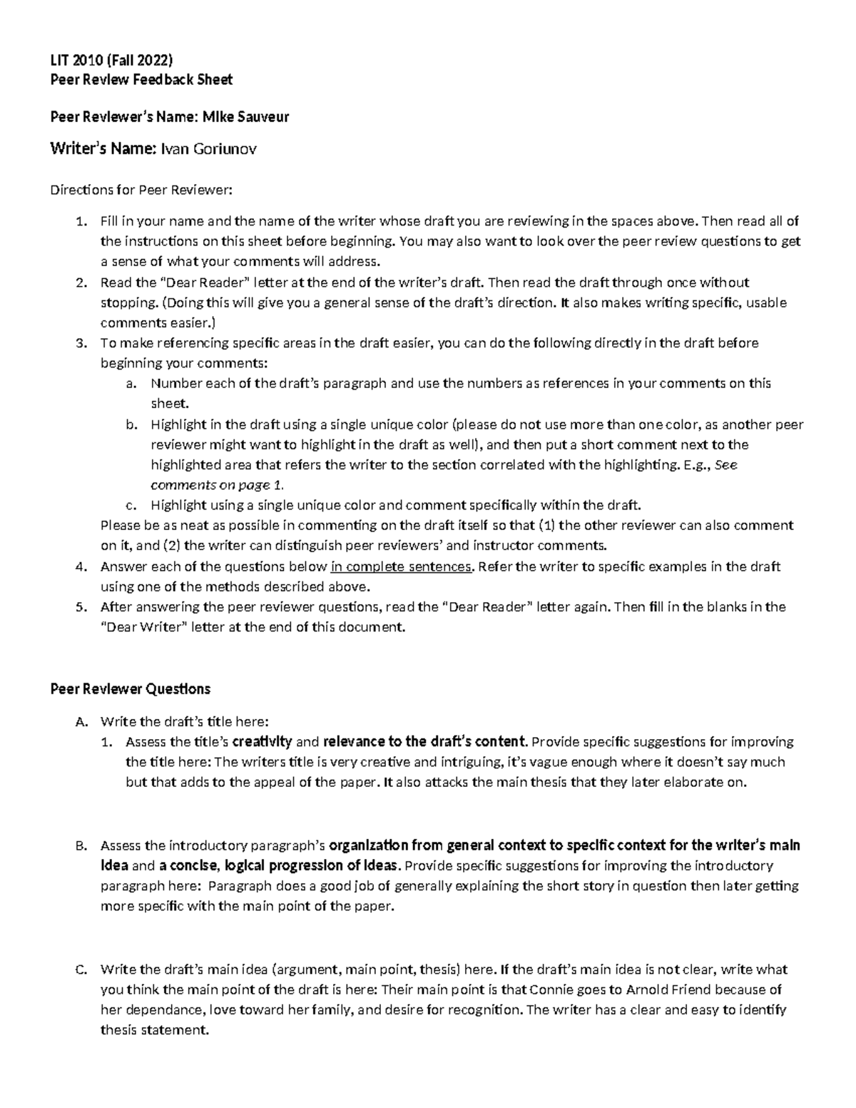 lit the farenheit - LIT 2010 (Fall 2022) Peer Review Feedback Sheet Peer Reviewer’s Name: Mike ...