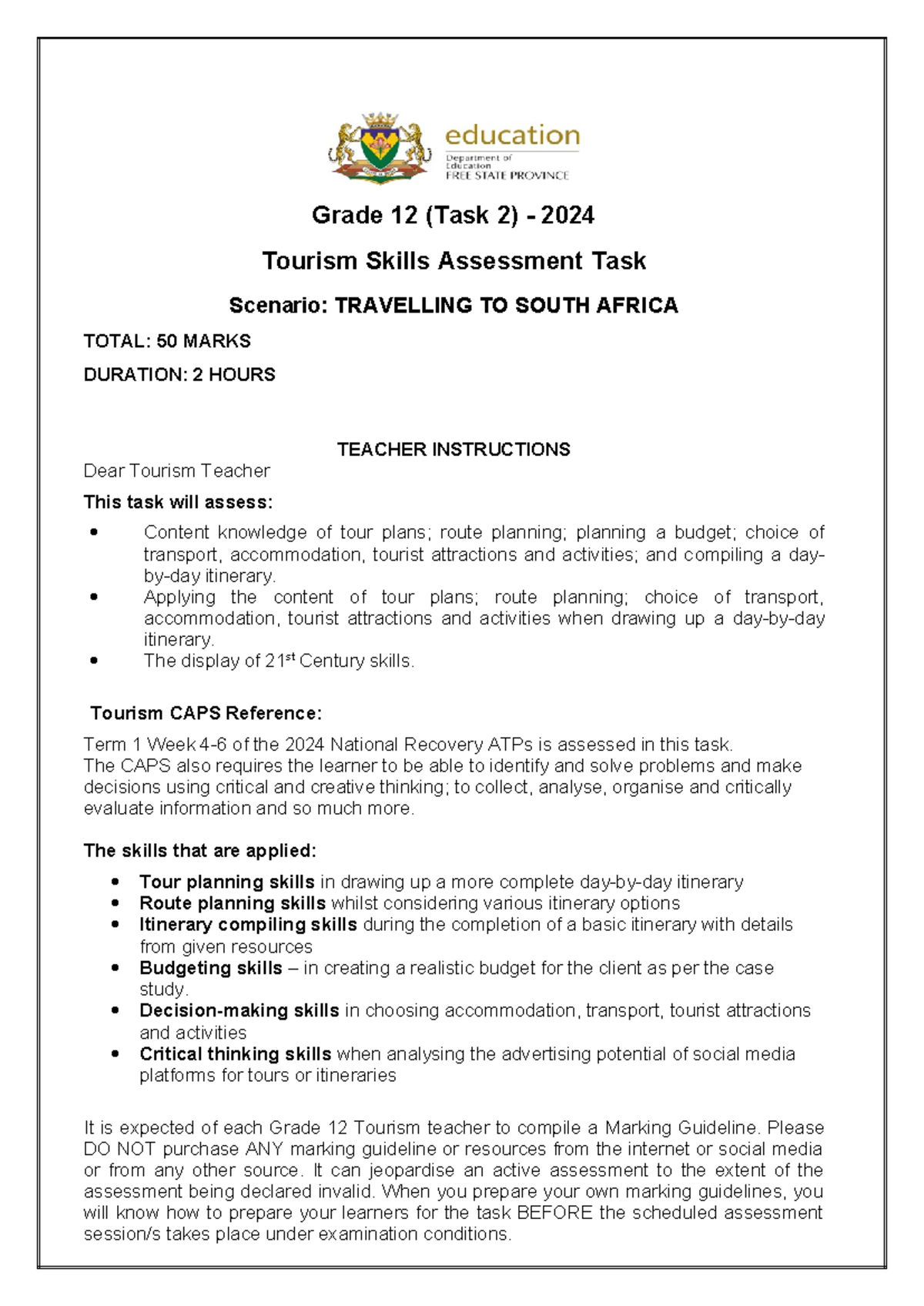 Grade 12 Skills Task 2024 - QP - Grade 12 (Task 2) - 2024 Tourism Skills Assessment Task ...