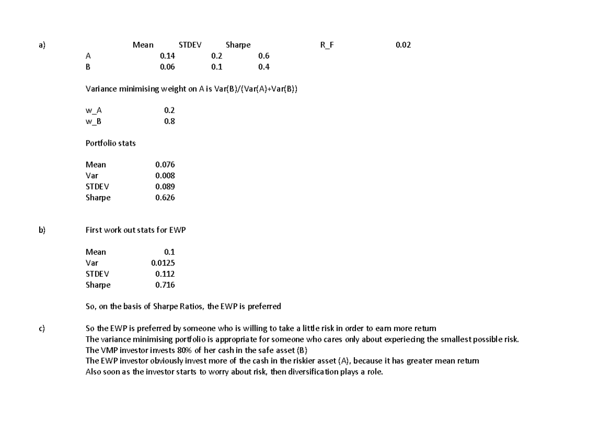 Exam 2017, answers - Warning: TT: undefined function: 32 a) Mean STDEV Sharpe R_F 0. A 0 0 0. B ...