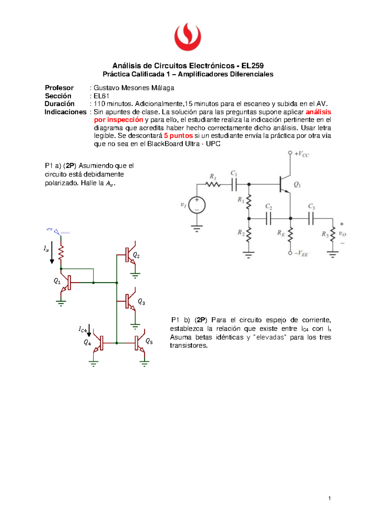 EL259 PC1 Análisis de Circuitos Electrónicos EL61 2024-1 - 1 Análisis ...