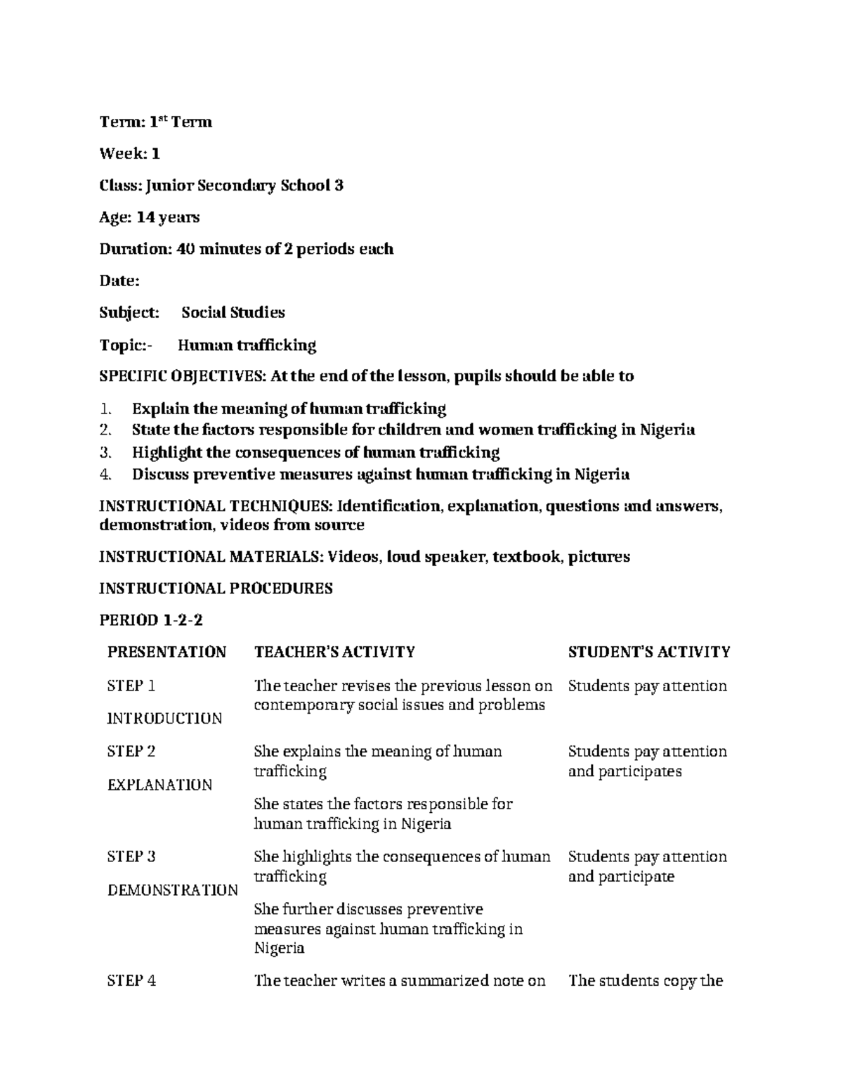 IST TERM JS 3 Social Studies - Term: 1st Term Week: 1 Class: Junior ...