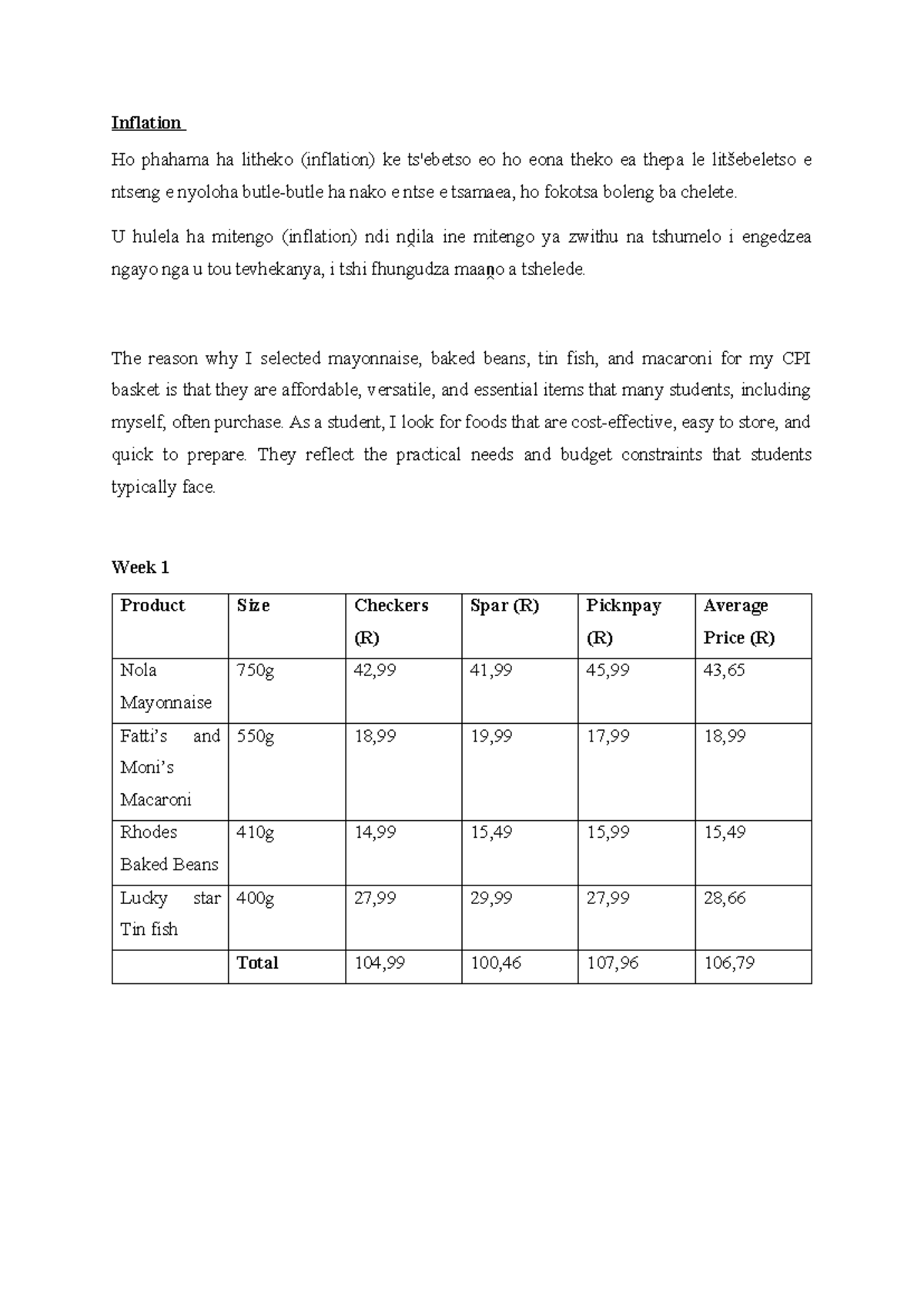 Week 3 - Tutorial work - Inflation Ho phahama ha litheko (inflation) ke ...