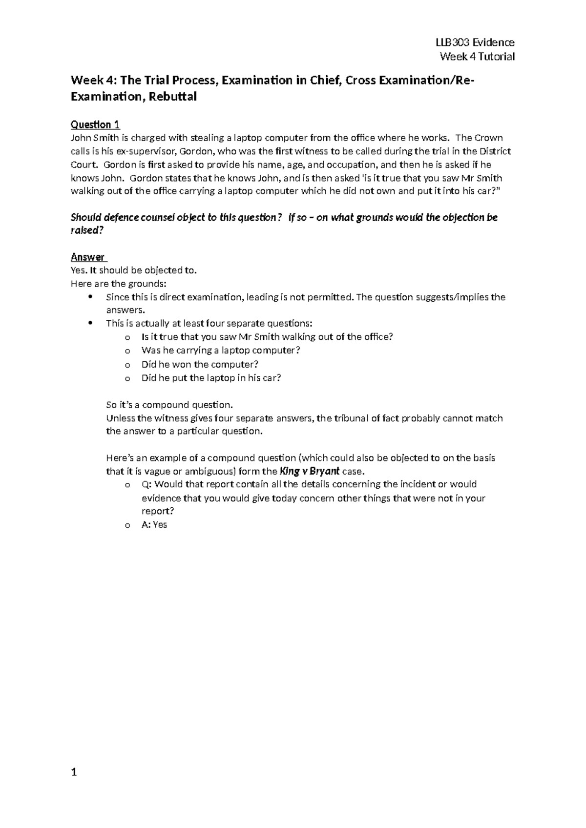 LLB303 Week 4 Tutorial Note - Week 4 Tutorial Week 4: The Trial Process, Examination in Chief ...