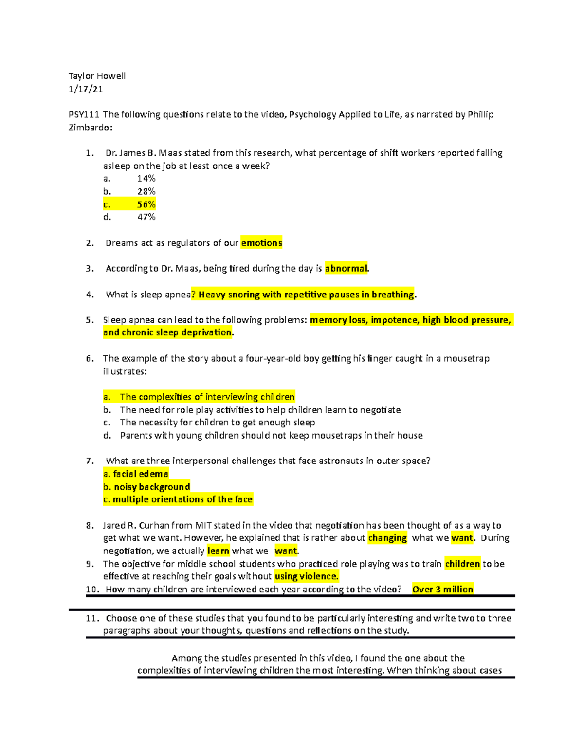 PSY111 video applied to life worksheet 01122021 - Taylor Howell 1/17/ PSY111 The following ...