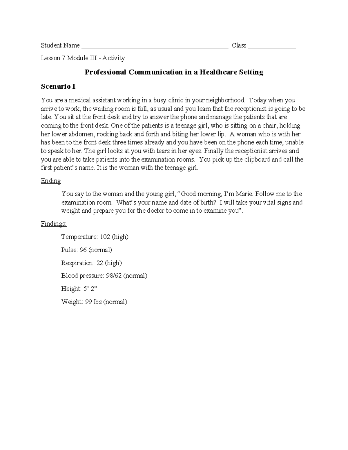 Activity 2 Scenario Professional communication in a healthcare setting ...