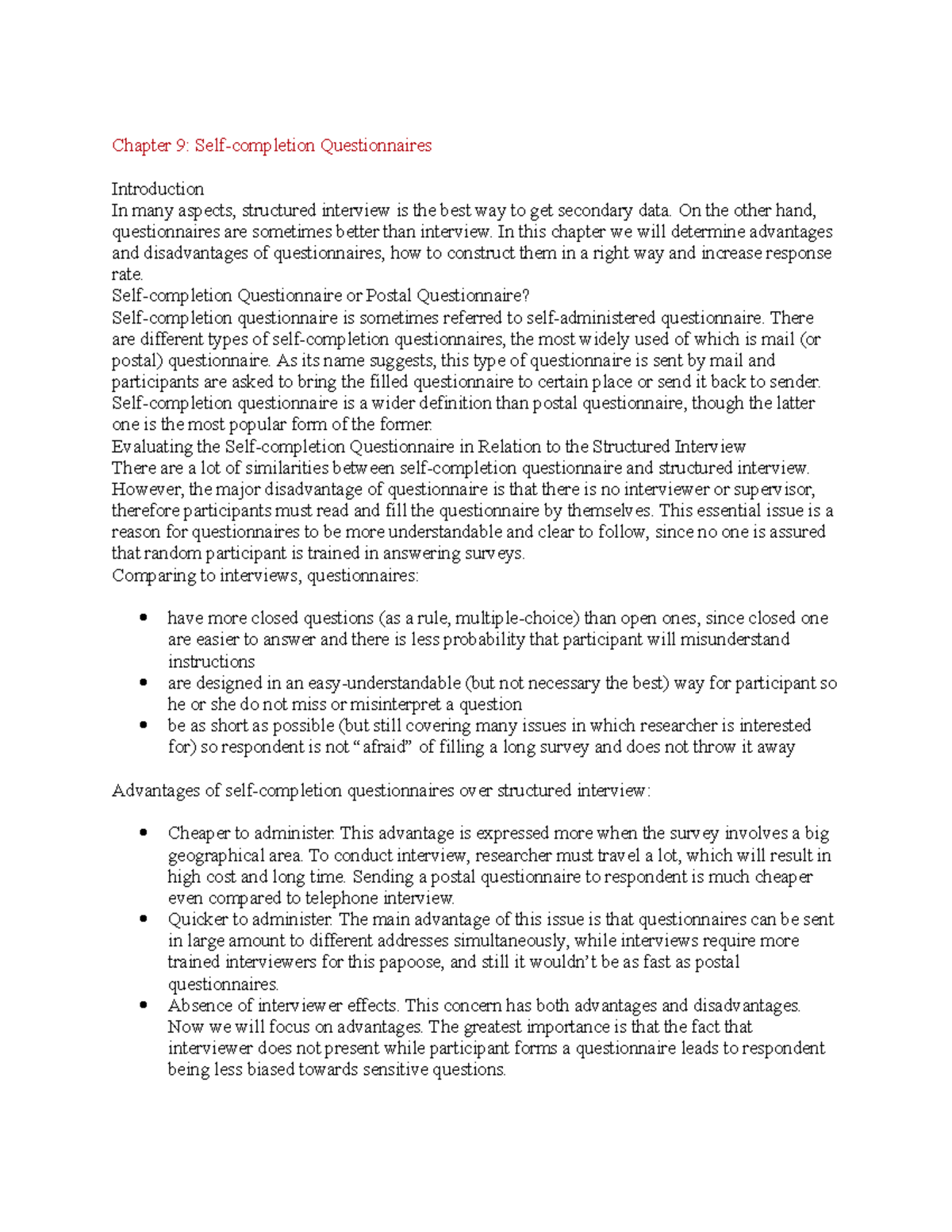 Chapter 9 Self-completion Questionnaires - Chapter 9: Self-completion ...