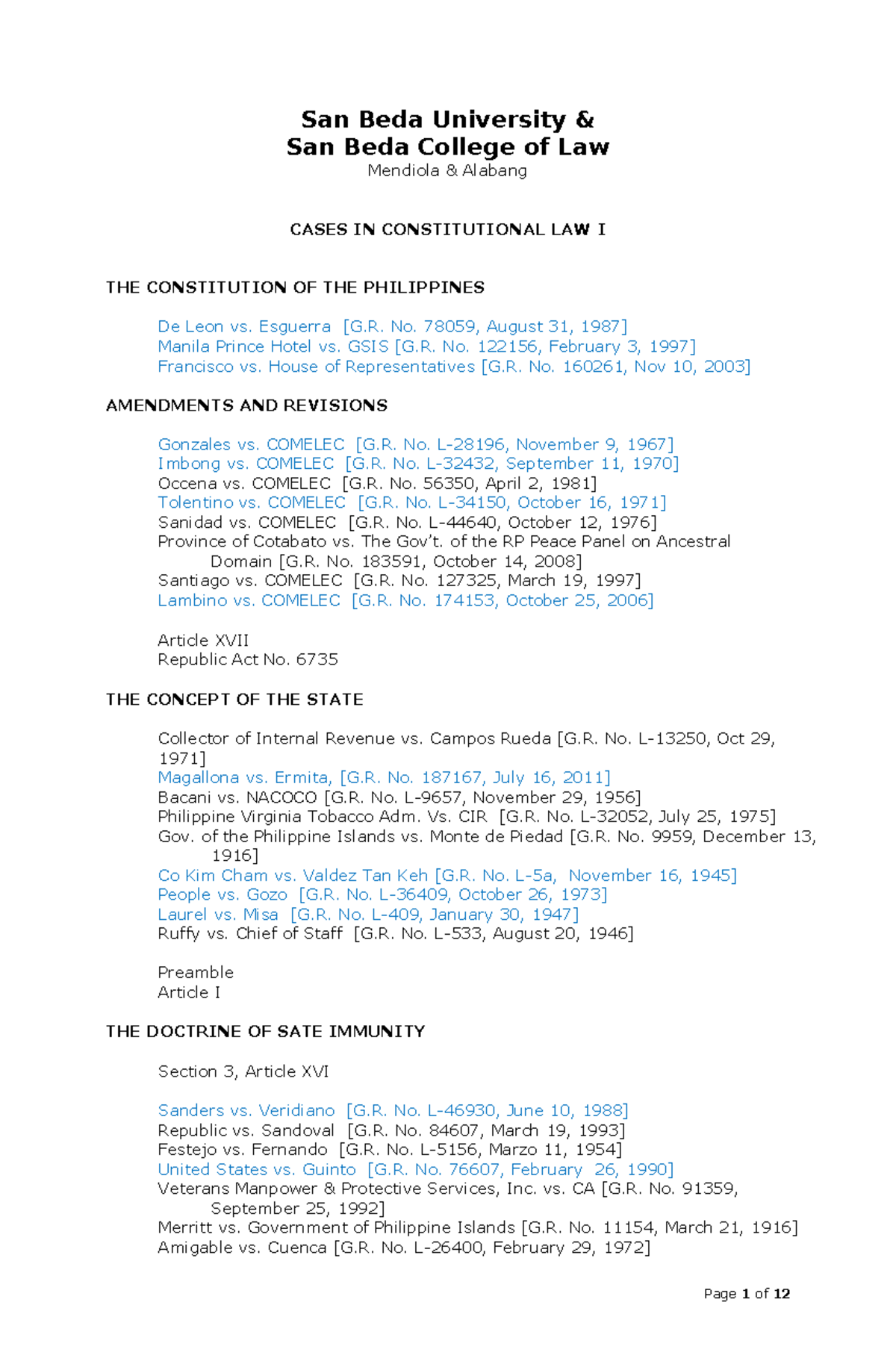 Constitutional Law I List of Cases Feb 2022 - San Beda University & San ...