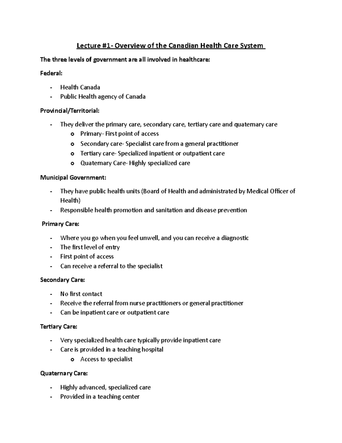 Overview of Canadian Health Care System - Studocu