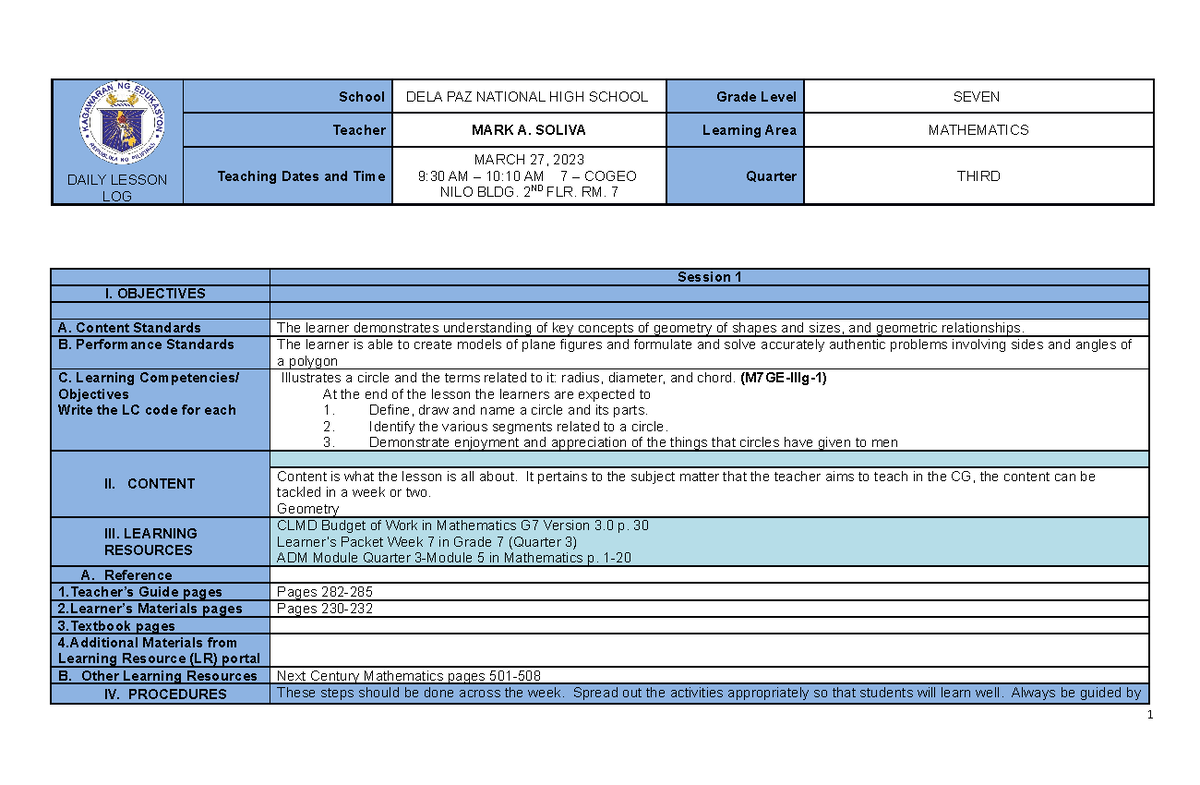Math DLL CO1 3 27 23 - MATH - DAILY LESSON LOG School DELA PAZ NATIONAL ...