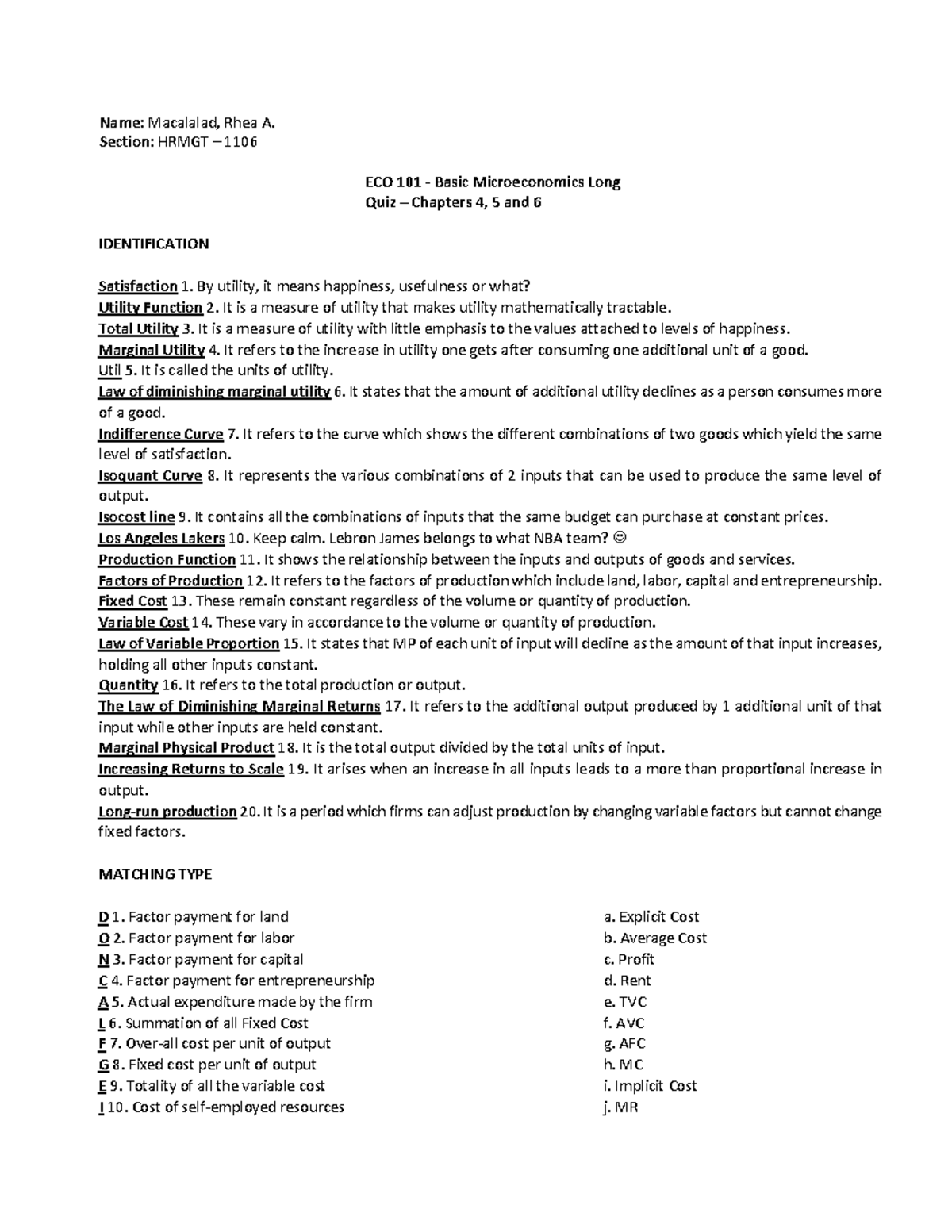 Eco 101 long quiz - Eco 101 long quiz - Name: Macalalad, Rhea A ...