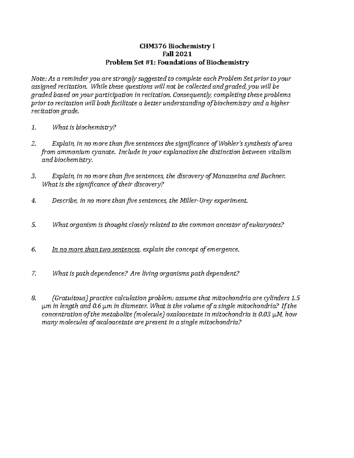 CHM376 Fa21 PS1 - Problem set - CHM376 Biochemistry I Fall 2021 Problem Set #1: Foundations of ...