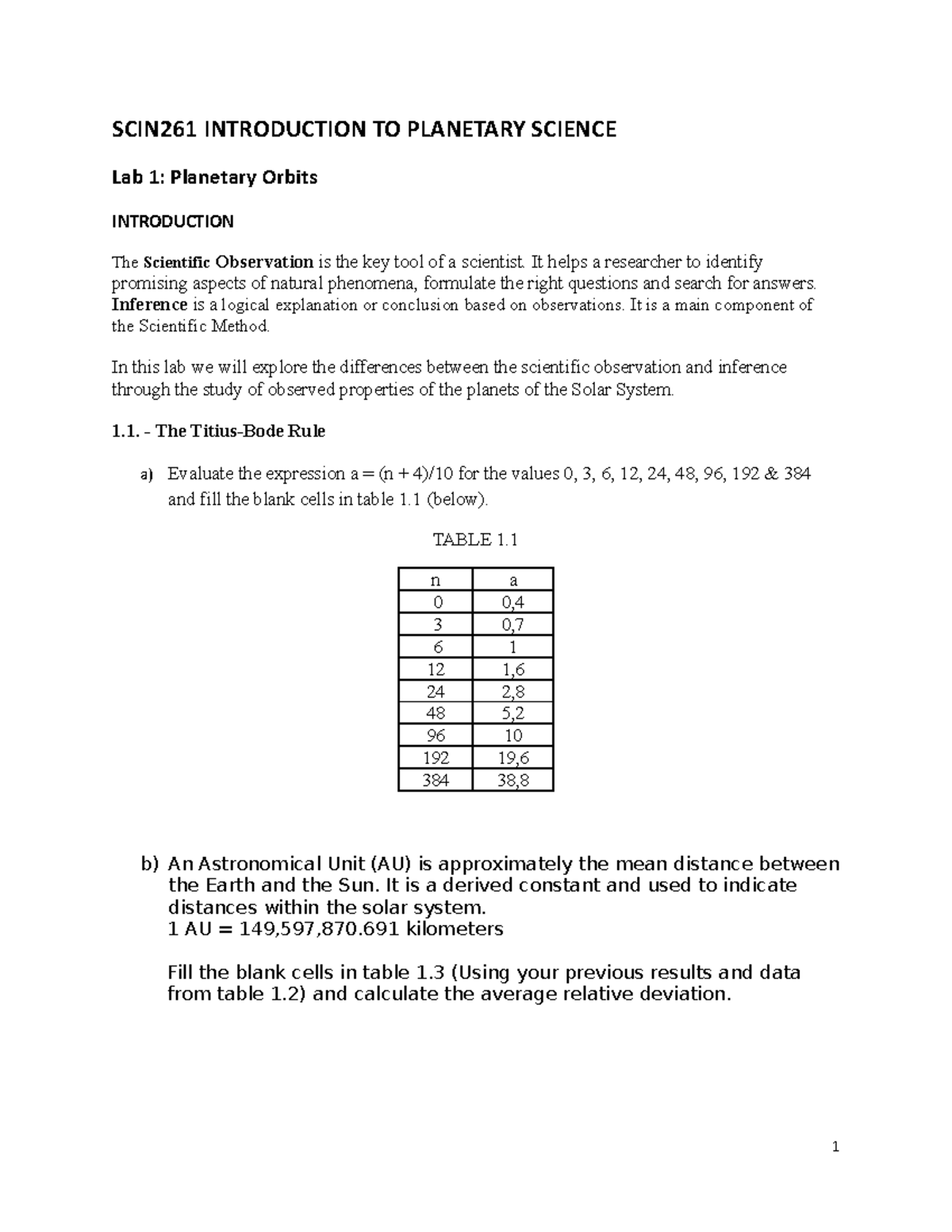 Lab 1: Planetary Orbits - SCIN261 INTRODUCTION TO PLANETARY SCIENCE Lab ...
