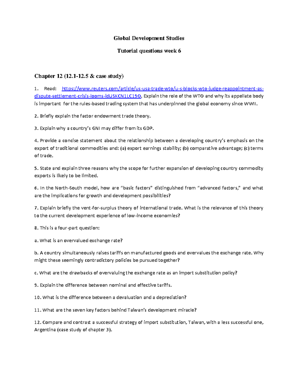 Tutorial questions week 6 - Global Development Studies Tutorial ...