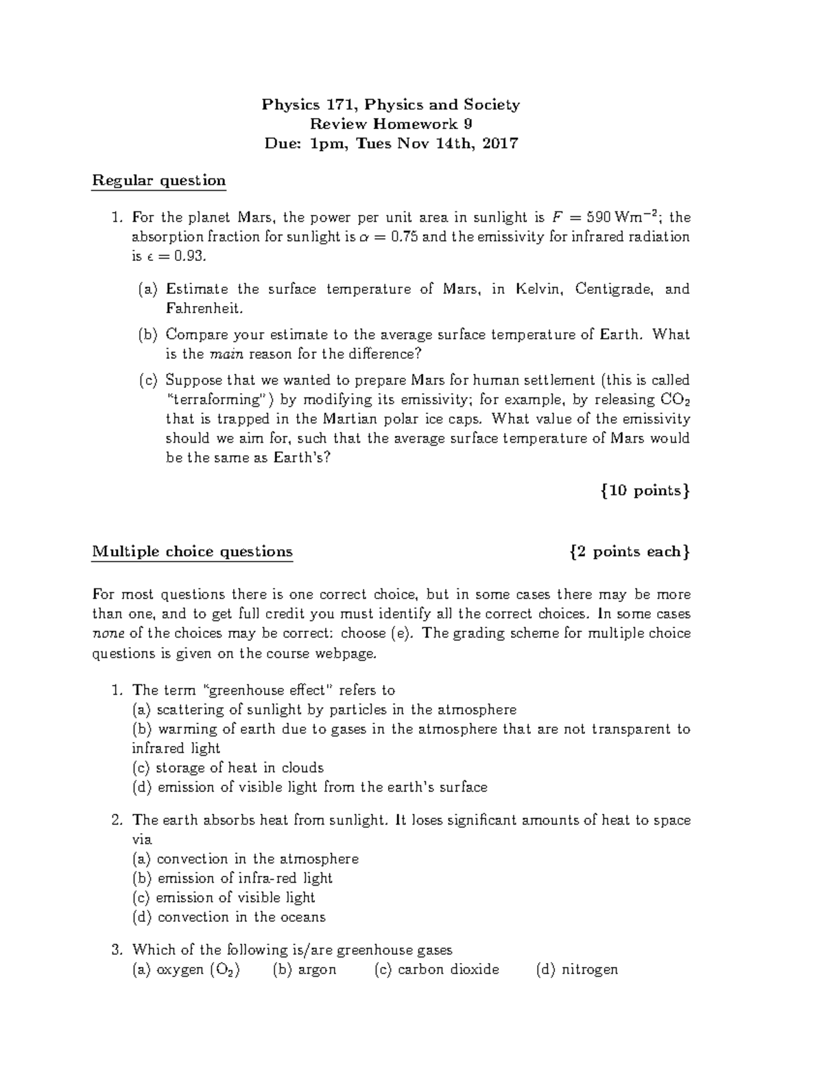 2017-2018 Homework 9 - Physics 171, Physics and Society Review Homework ...
