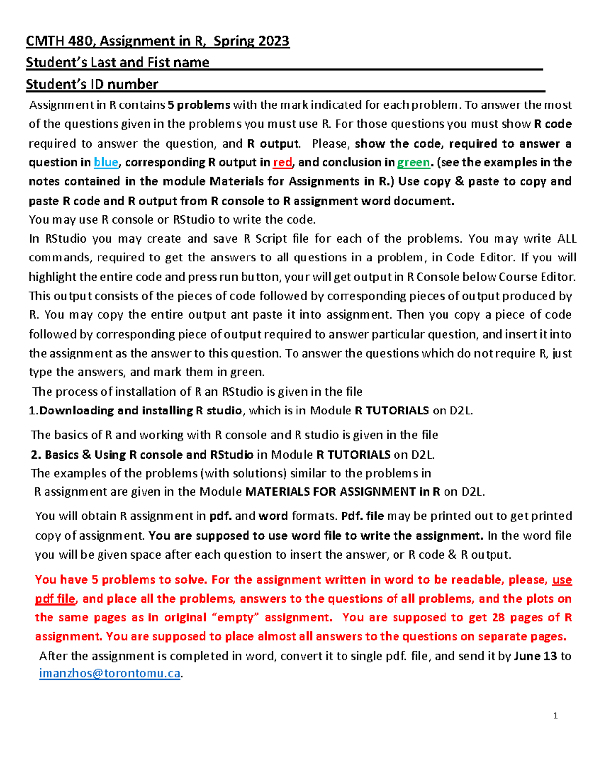 Assignment in R - Cmth 304 - Toronto Met - Studocu