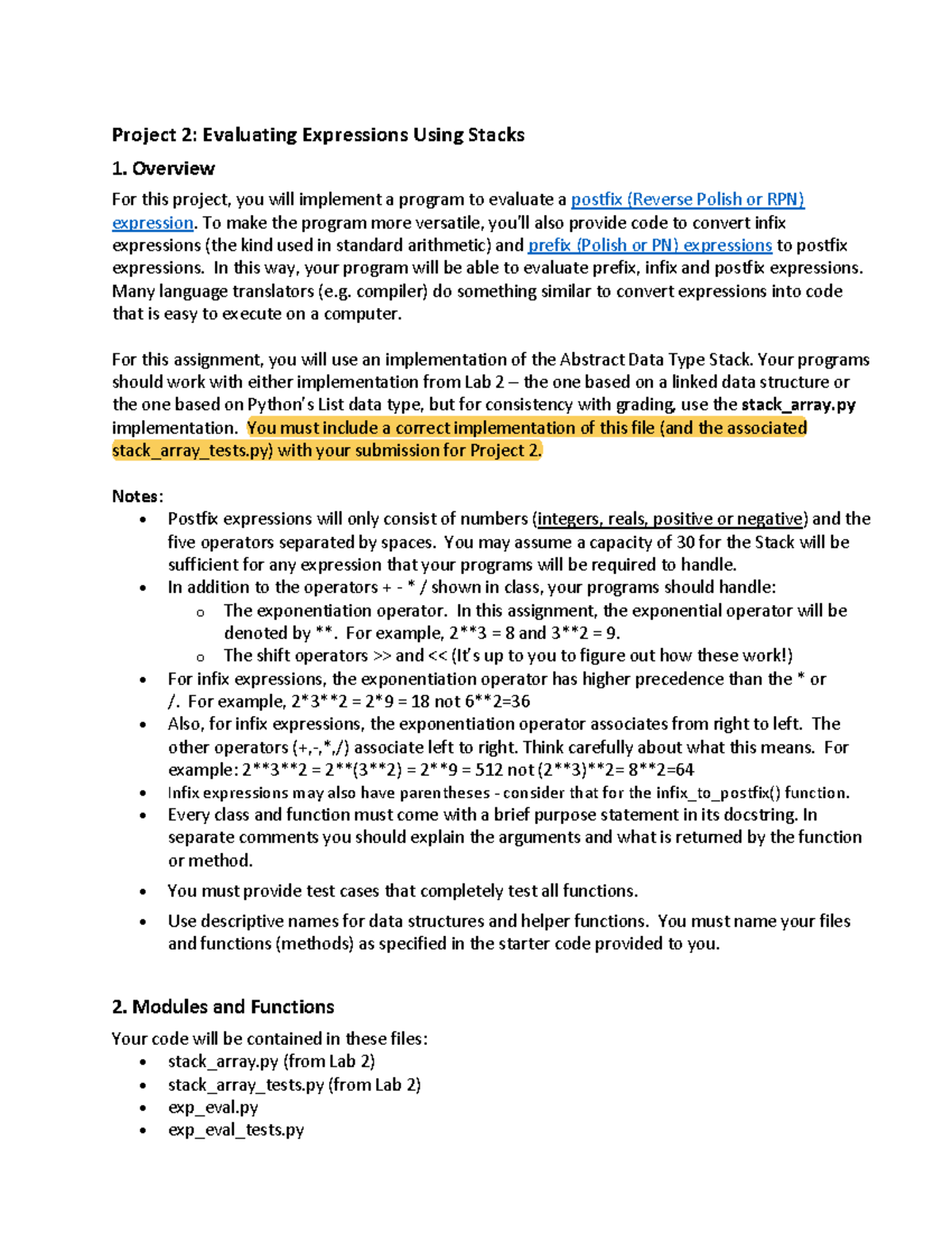 Project 2 Csc 202 Data Structures Project 2 Evaluating Expressions Using Stacks 1 Overview 