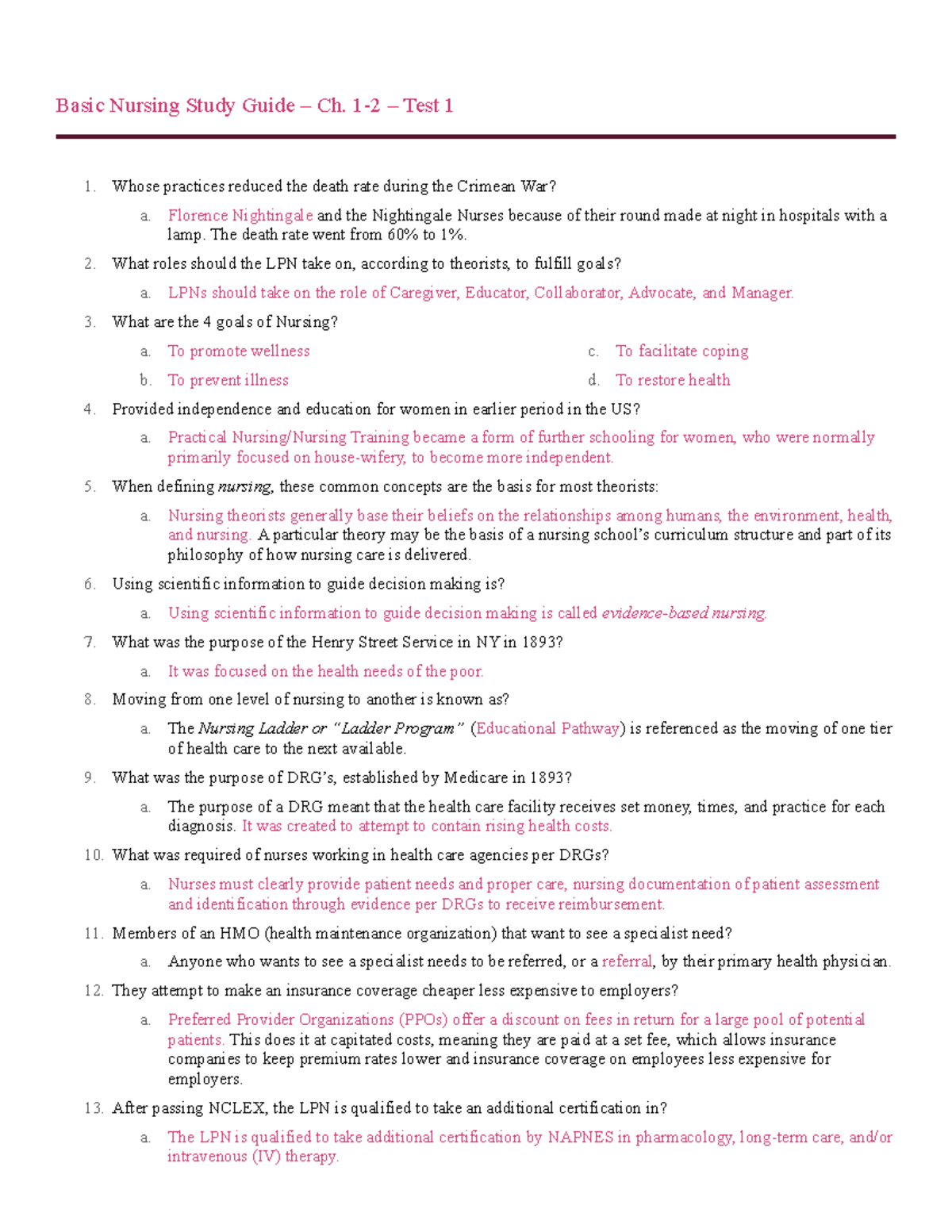 Basic Nursing Study Guide - Test 1 - Basic Nursing Study Guide – Ch. 1 ...