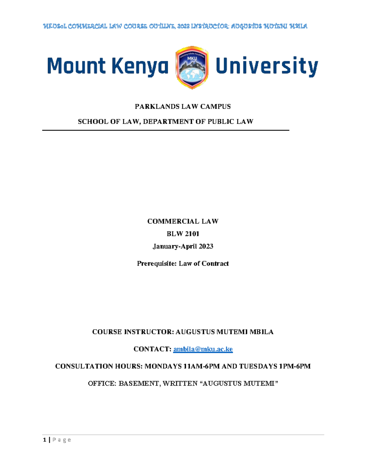 Commercial Law Course Outline, January 2023 - PARKLANDS LAW CAMPUS ...