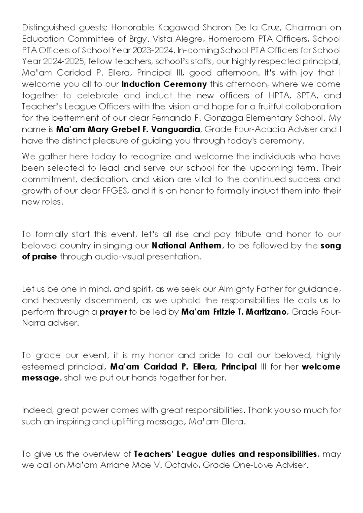 Script for Induction of Officers - Distinguished guests; Honorable ...