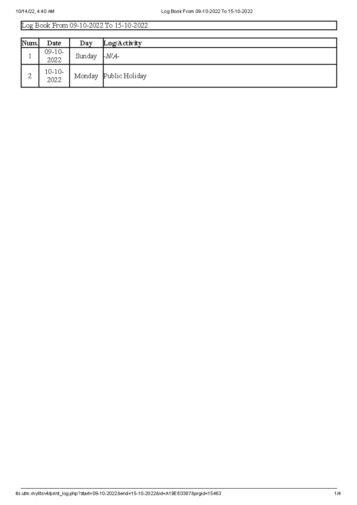 Logbook 12 - intern - Log Book From 09-10-2022 To 15-10- Num. Date Day ...
