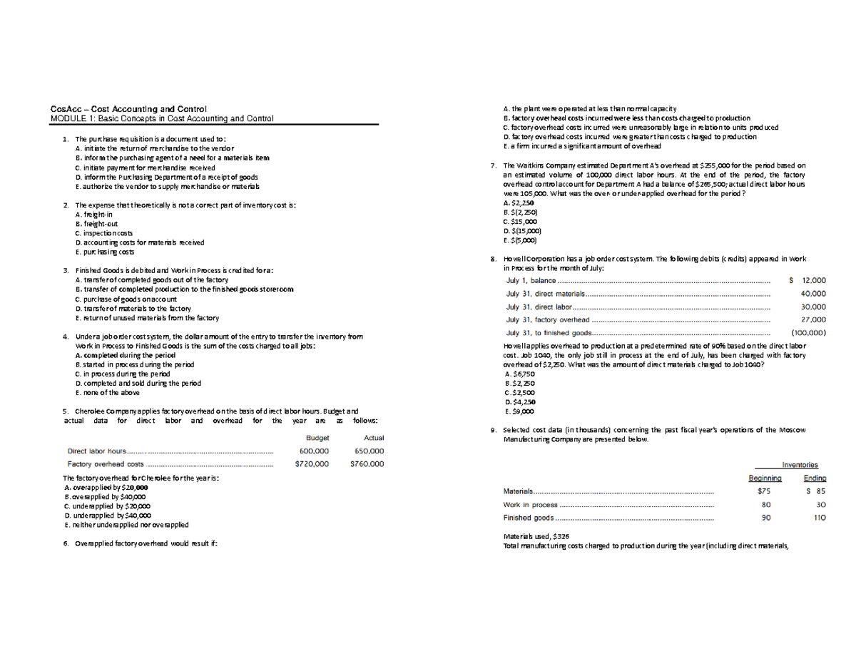 Cos Acc-Exerc-1 - Cost Accounting introduction Exercise - CosAcc – Cost ...