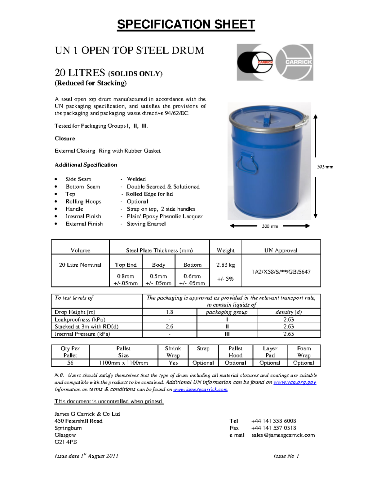 UN Open Top Steel DRUM 20 litre 11 inch - SPECIFICATION SHEET UN 1 OPEN ...