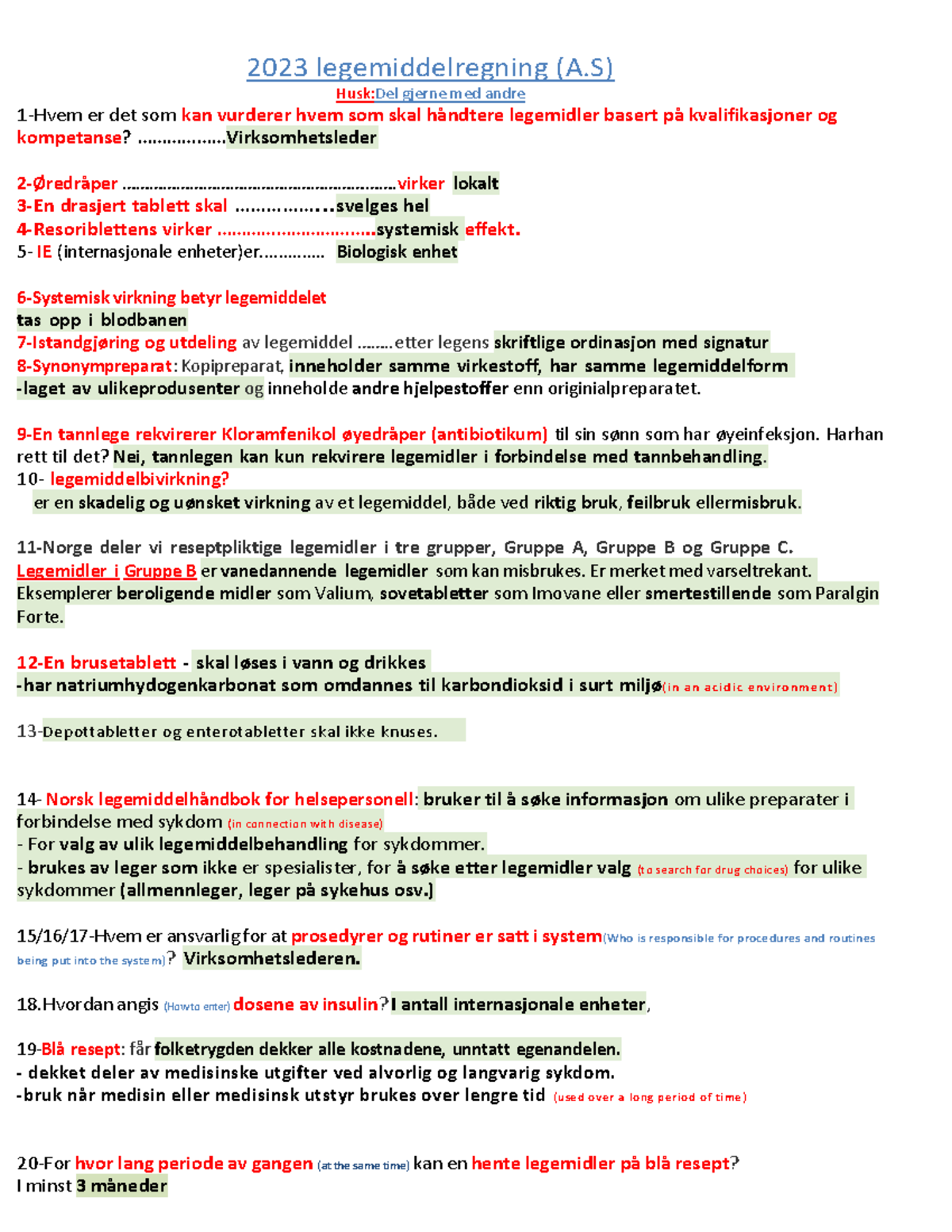 Legemiddelhåndtering Del-1 for eksamen (230 mutilple choice update-2023 ...