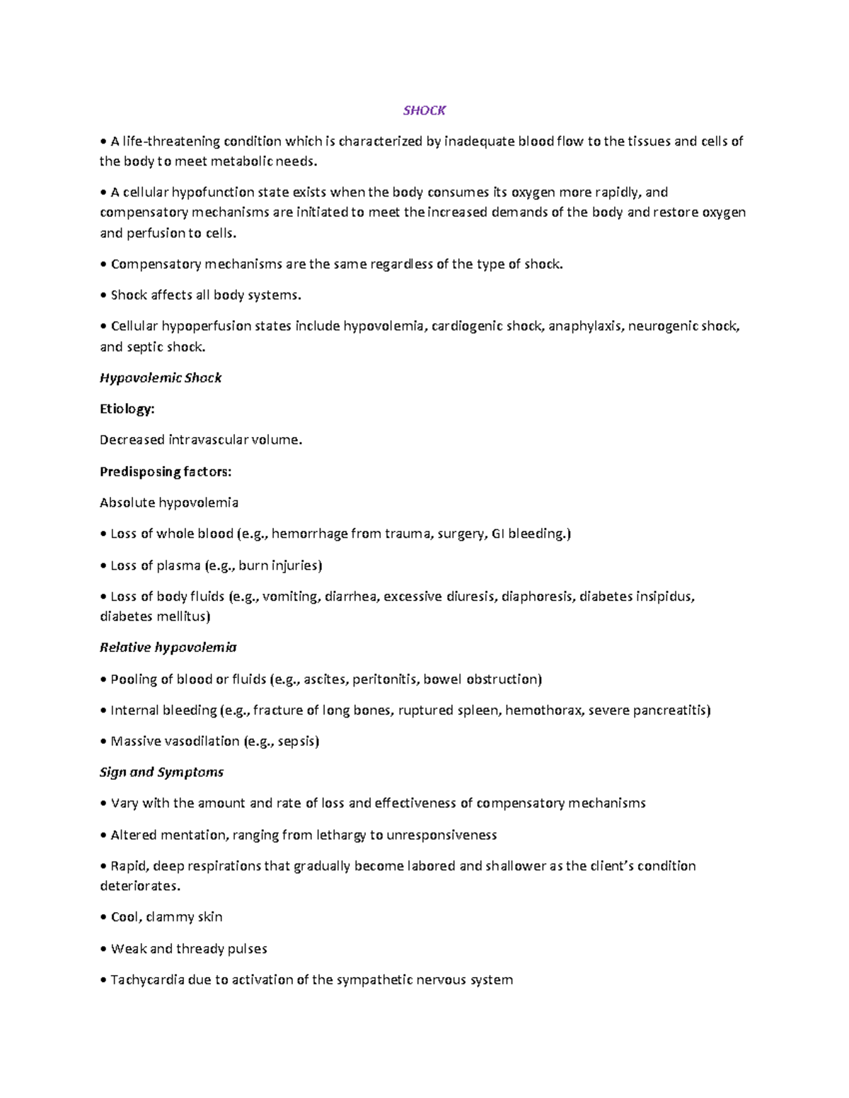 Shock - SHOCK A life-threatening condition which is characterized by ...