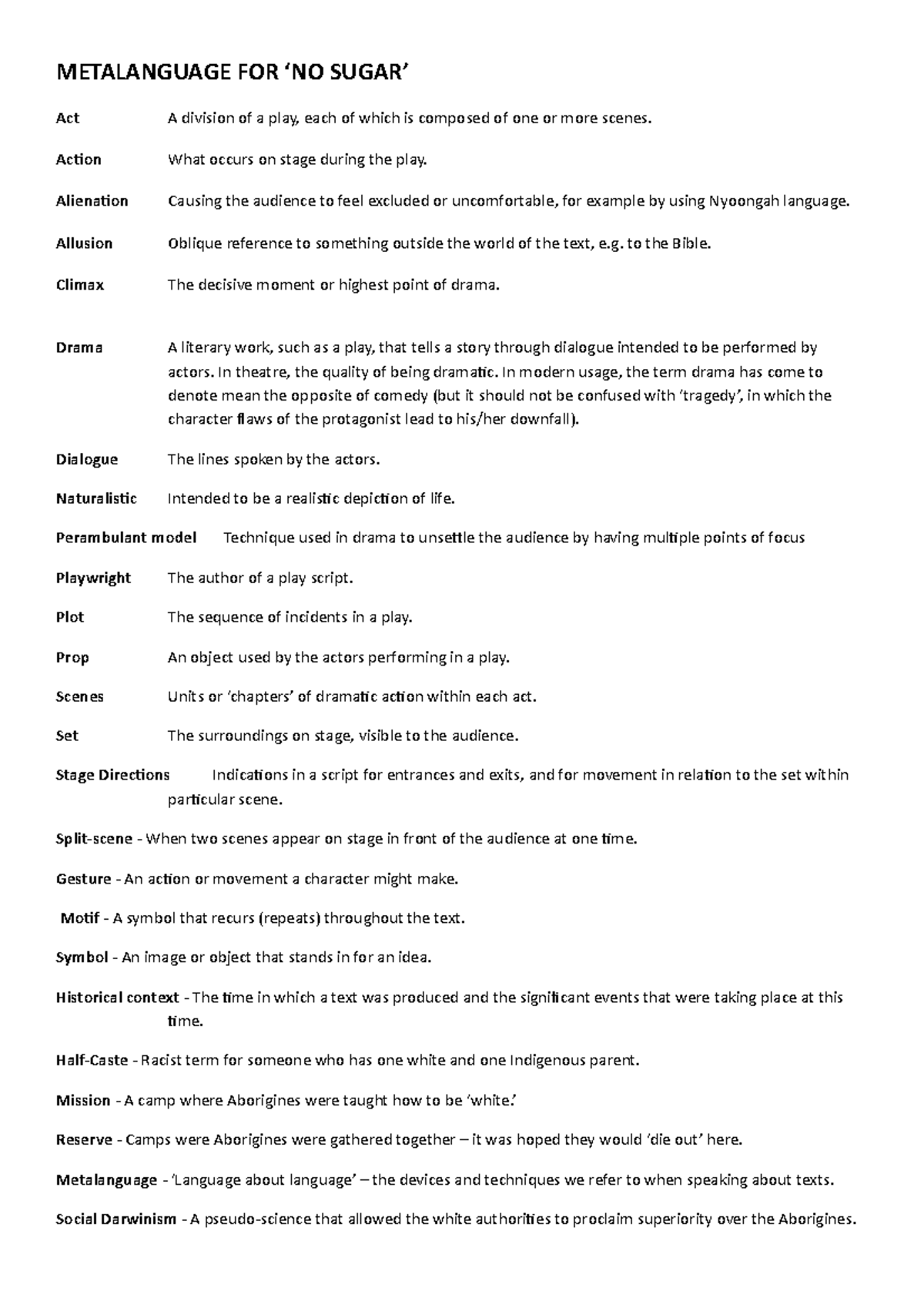 No Sugar metalanguage quotes and themes - METALANGUAGE FOR ‘NO SUGAR ...