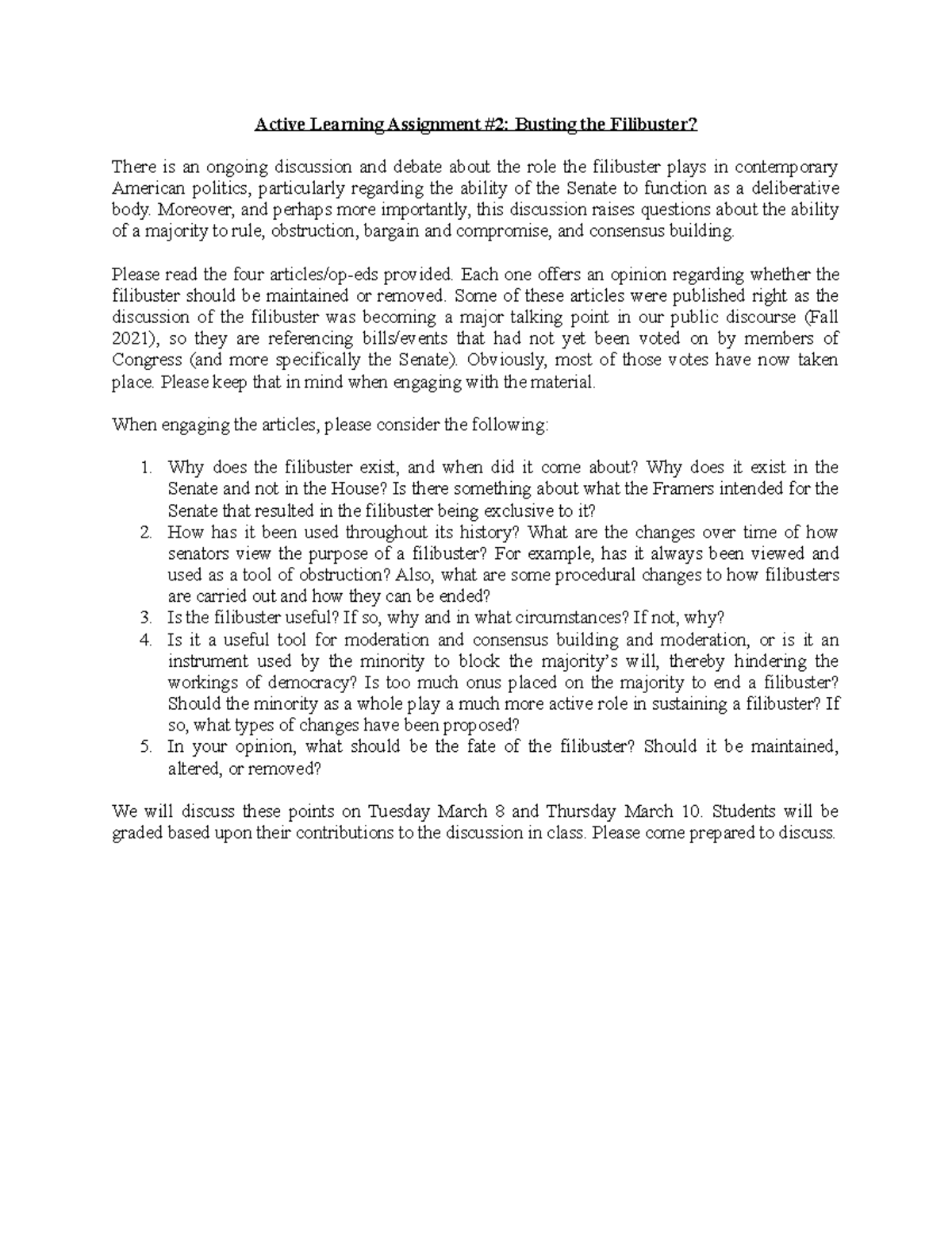 1. Active Learning Assignment #2- Busting the Filibuster - Active Learning Assignment #2 ...