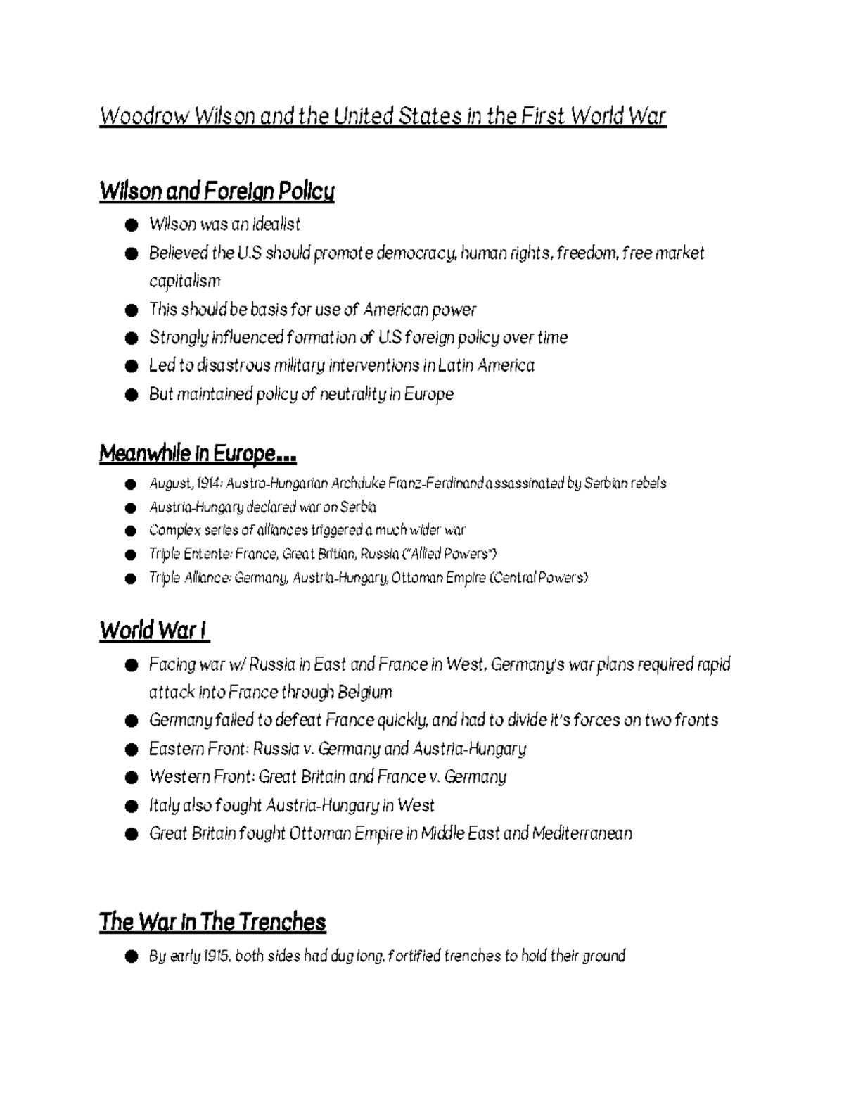 WWI - Course Notes. - Woodrow Wilson and the United States in the First ...