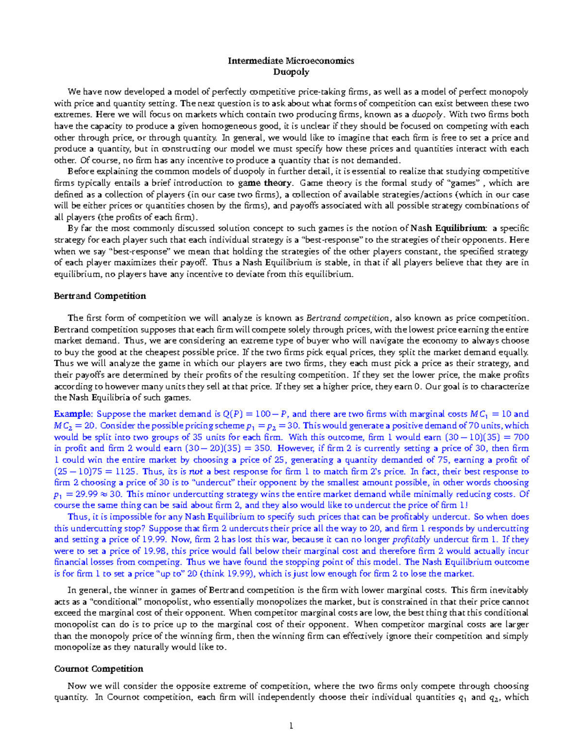Oligopoly Notes - Intermediate Microeconomics Duopoly We have now ...