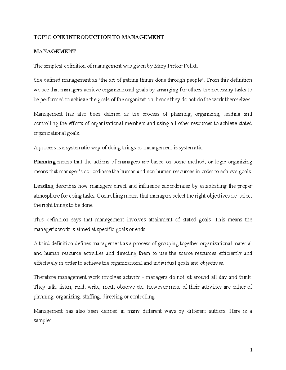 Material Development Notes - TOPIC ONE INTRODUCTION TO MANAGEMENT ...