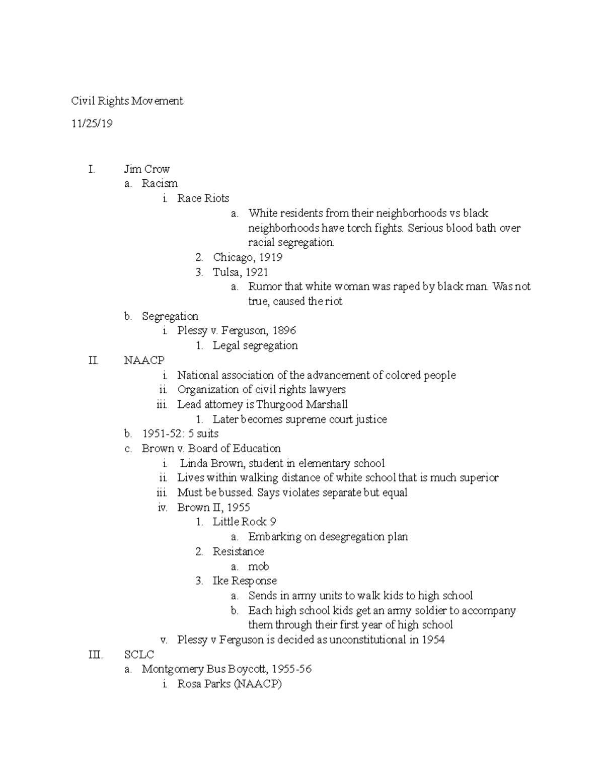 Civil Rights Movement - Lecture notes 25 - Civil Rights Movement 11/25 ...