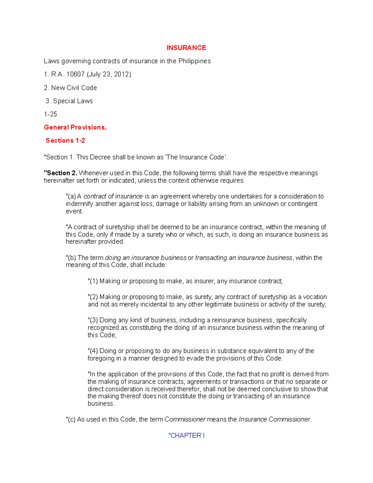 Insurance - INSURANCE Laws governing contracts of insurance in the ...