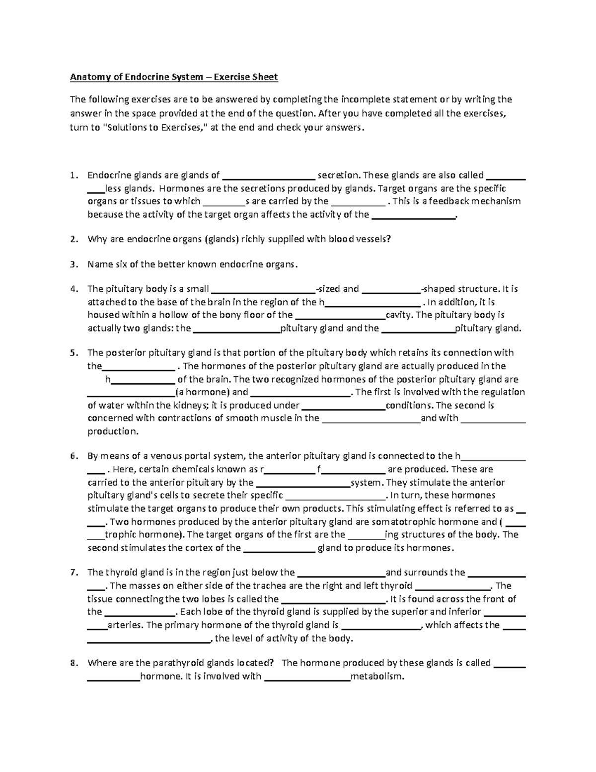 Anatomy of Endocrine System Worksheet (optional for practice) - Anatomy ...