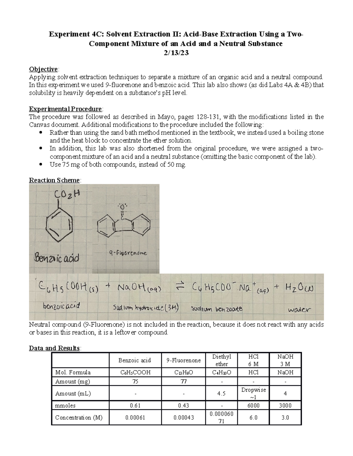 Extraction II Report Spring 2023-1 - Experiment 4C: Solvent Extraction II: Acid-Base Extraction ...
