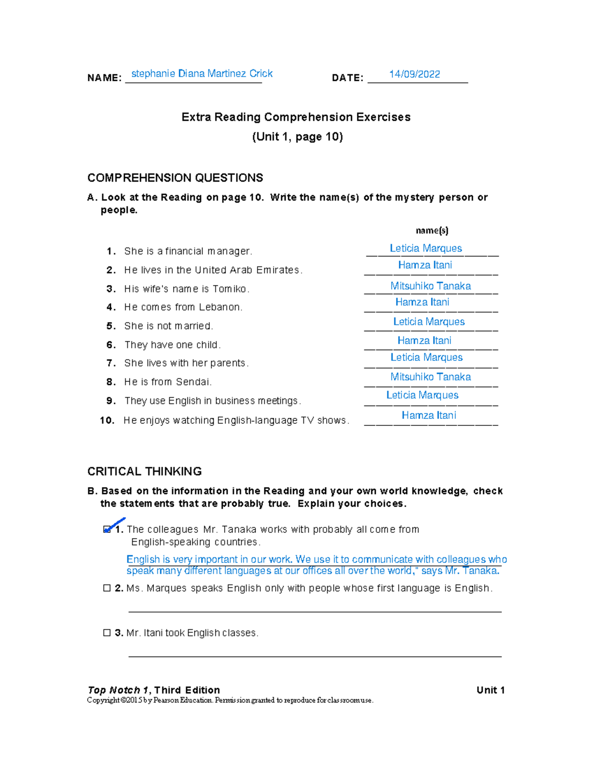 Homework #2 14 - nada - NAME: _ DATE: _ Extra Reading Comprehension ...