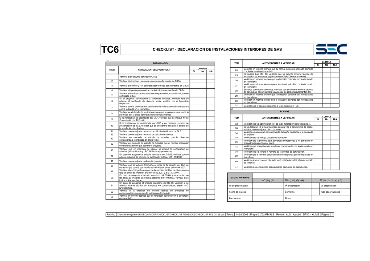 Checklist TC6 DS. 66 - TC CHECKLIST - DECLARACIÓN DE INSTALACIONES ...